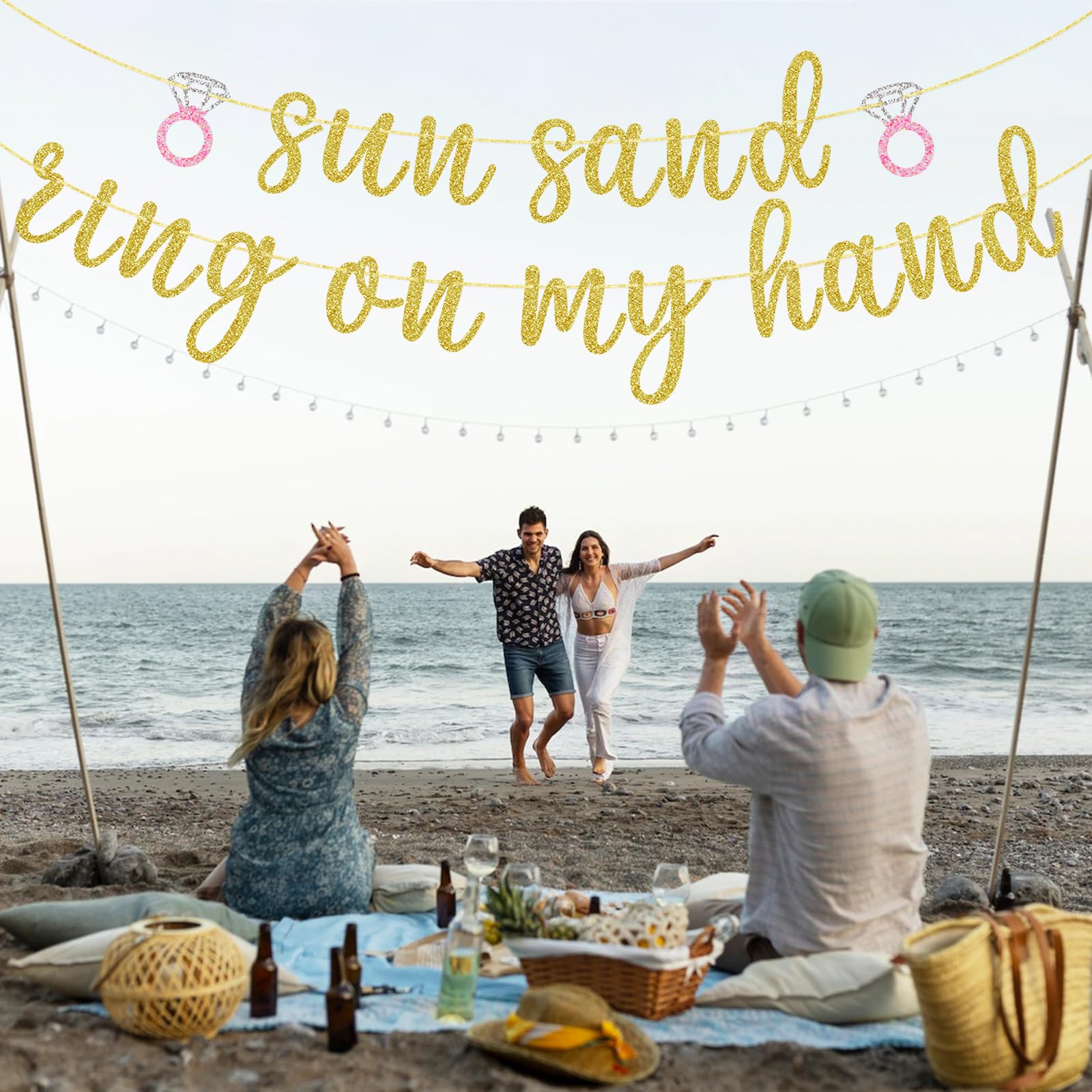 Sun Sand Ring On My Hand, Beach Bachelorette Party Decorations, Engagement Wedding Bridal Shower Garland Bunting Supplies, Pre-Assembled (Gold)