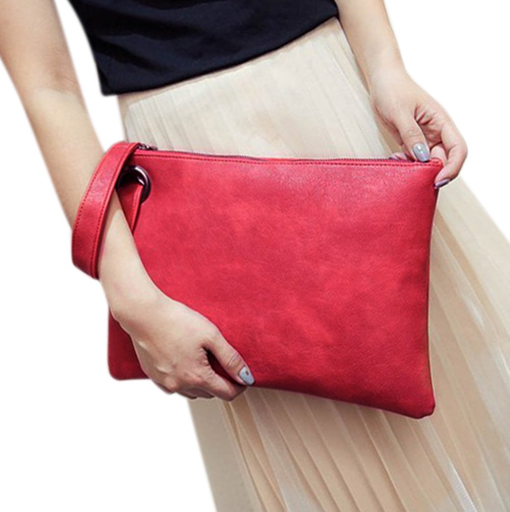 C.C-US Women Oversized Envelope Handbag Soft Leather Clutch Evening Bag Purse with Wrist Strap (Red)