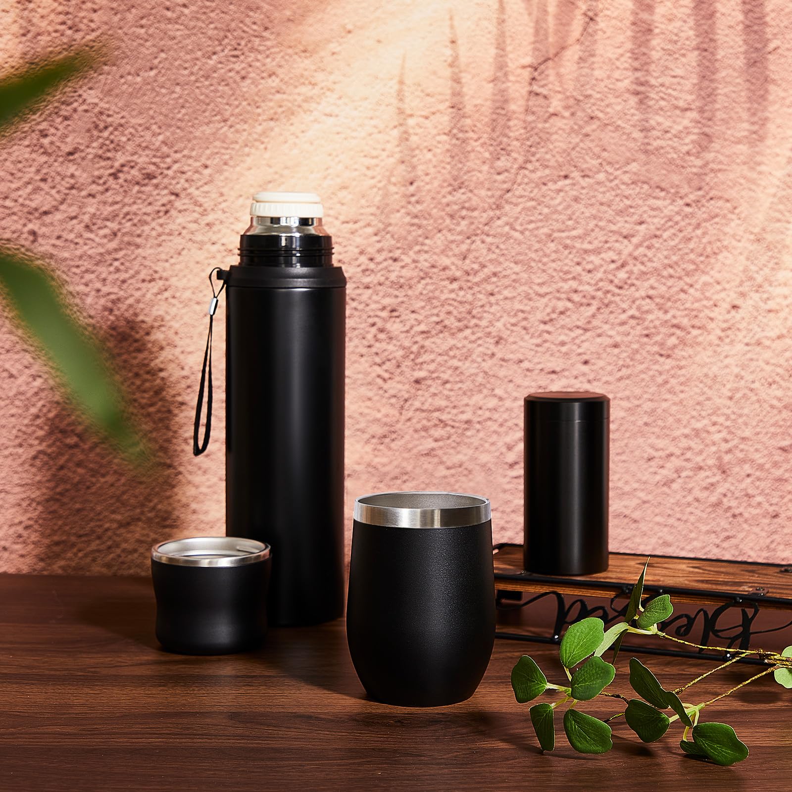 Suclain 5 Pcs Complete Yerba Mate Kit Yerba Mate Cup 34 Oz/1005 ml Stainless Steel Thermal Water Bottle, Tea Can, Bombilla and Straw Brush, for Travel Christmas Gift Father, Black