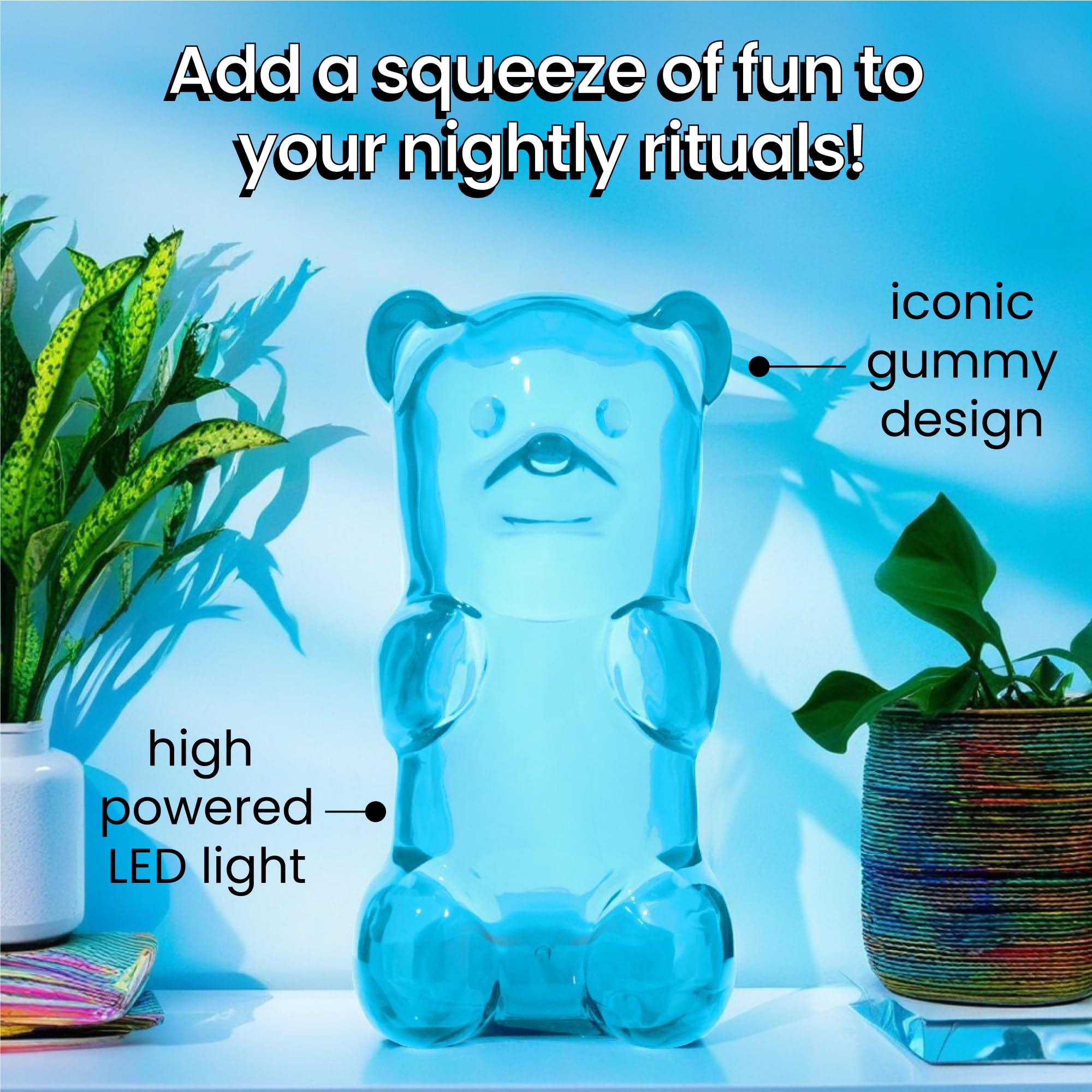 Gummygoods Squeezable Gummy Bear Night Light - Rechargeable, Portable, Squishy Lamp, 60-Min Sleep Timer for Kids & Adults, Baby Nursery, and Dorm Rooms - (Blue)