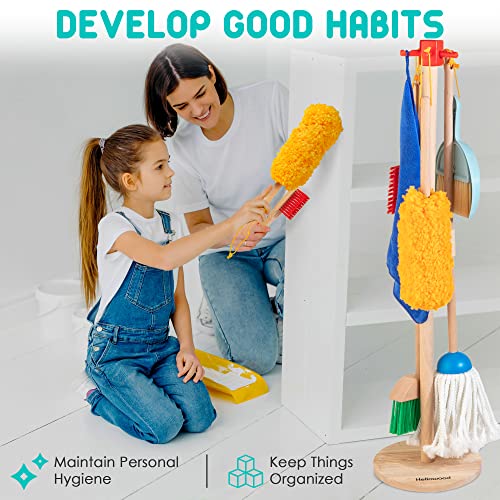 HELLOWOOD Kids Cleaning Set, 8pcs Housekeeping Play Set Includes Broom Mop Duster Dustpan Brushes Rag and Organizing Stand, Cleaning Toys Gift for Toddlers Girls Boys Age 3-6, Solid Beech Wood