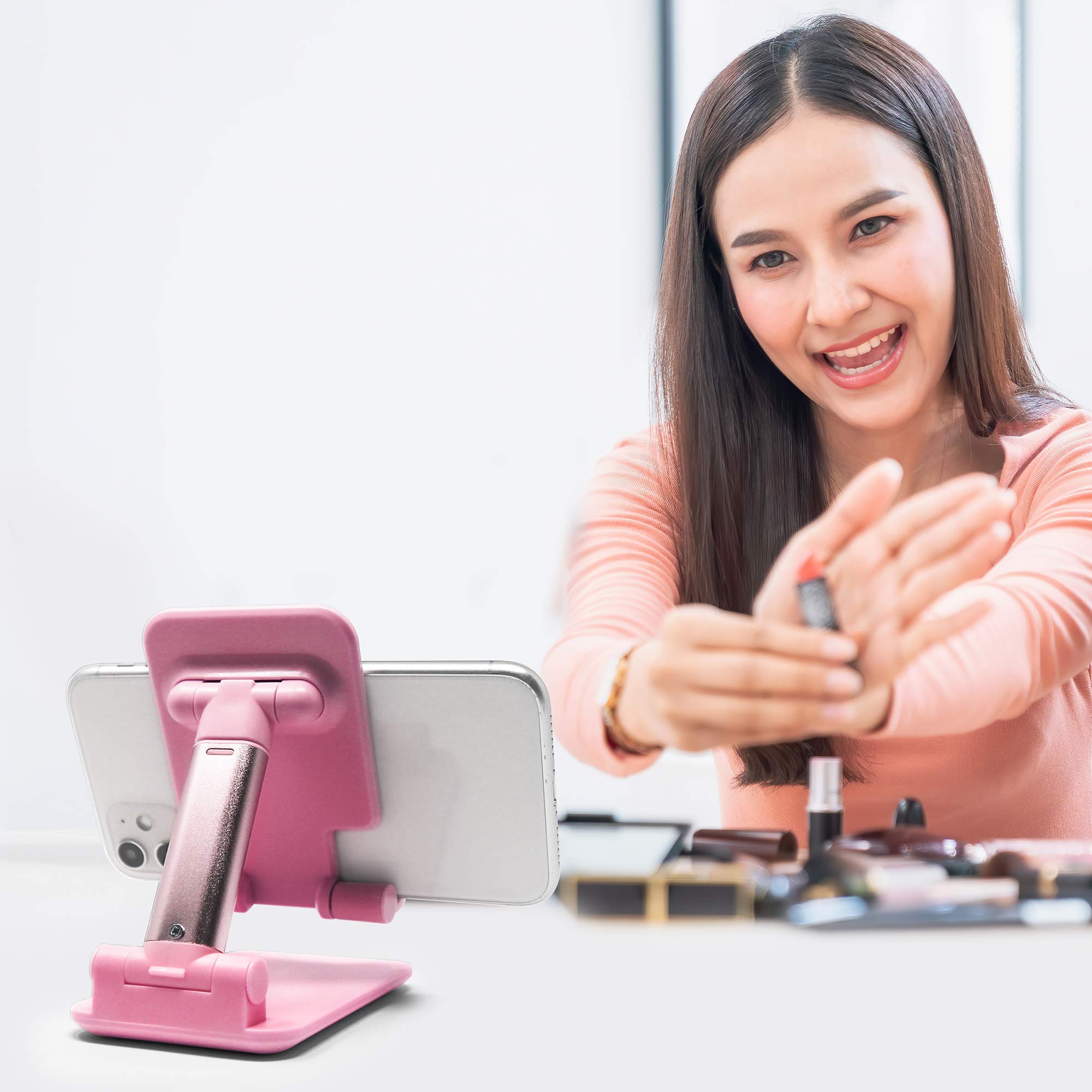 Aduro U-Rise Phone Stand Holder, Foldable & Portable Height Adjustable Cell Phone Holder Universal Cell Phone Stand for Desk Pink