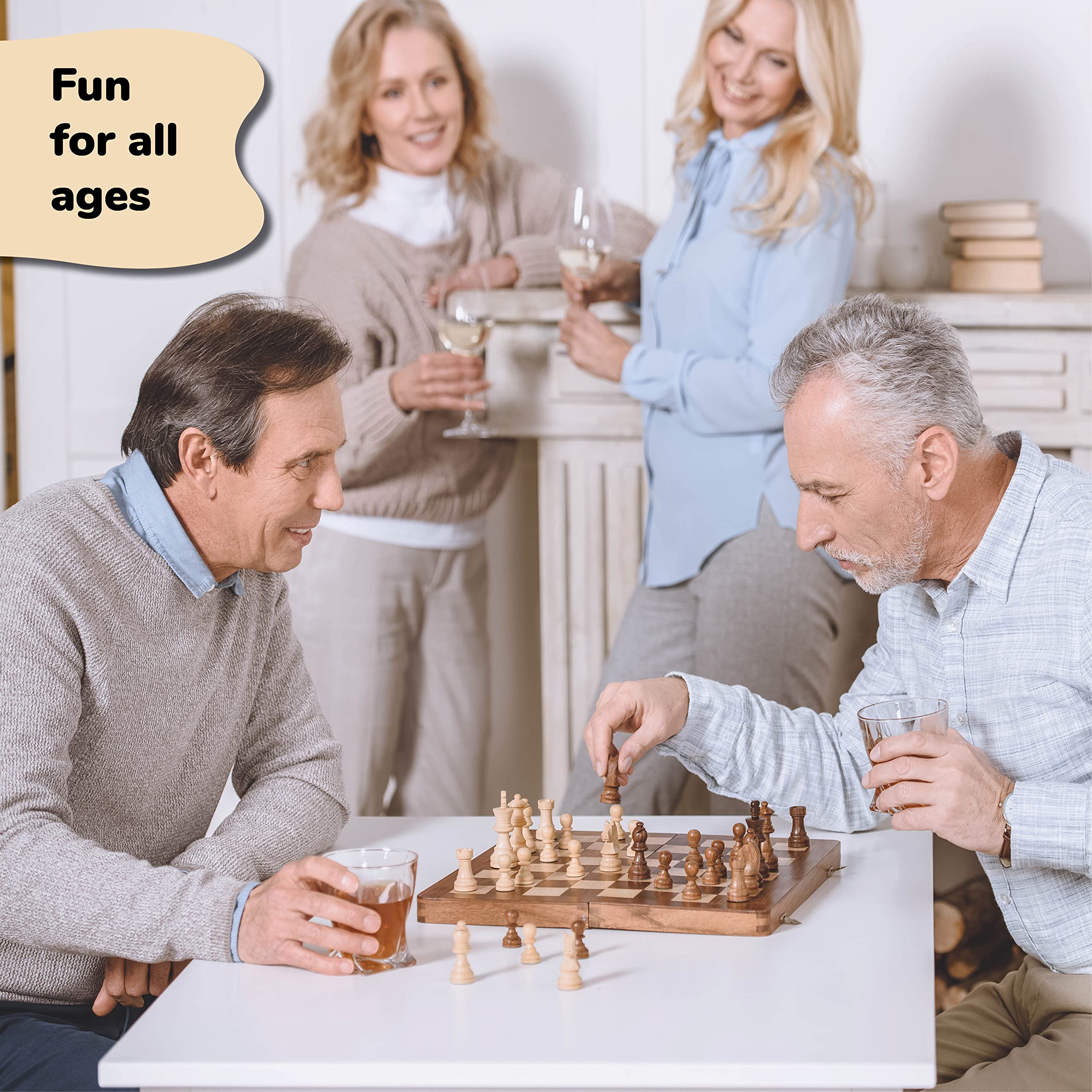 Funshpiel Magnetic Wood Checkers and Chess Set – Premium Handcrafted Chess Board Set with 2 Extra Queens, Chess and Checkers Set for Kids and Adults, Compact and Foldable Design, 15-inch Board Games