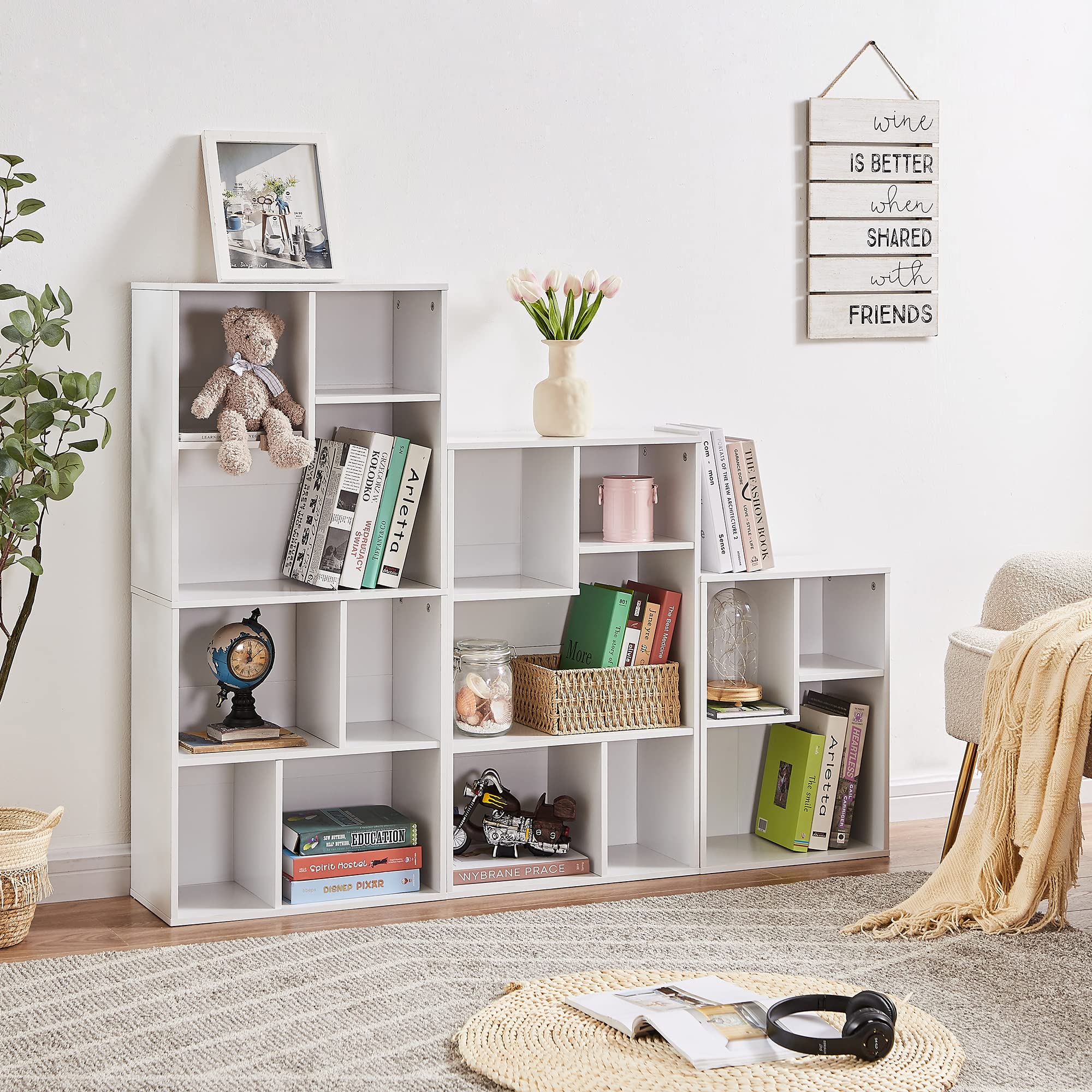 VECELO 3-Cube Small Bookshelf, Modern Bookcases with Shelves Height Up to 12.8 Inches, Suit for Common Size Textbook, Vertical or Horizontal, Cubby Storage Organizer,Pearl White