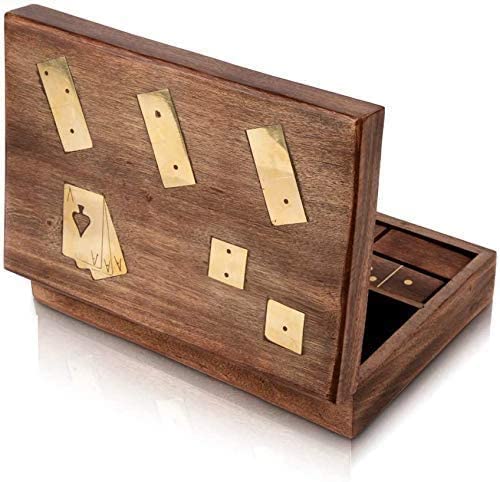 Great Gift Ideas Wooden Playing Card Box with 5 Dice & 28 Dominoes Tiles Game Set Deck Pack Case Holder Storage Accessories Organizer with Playing Cards Classic Table Game