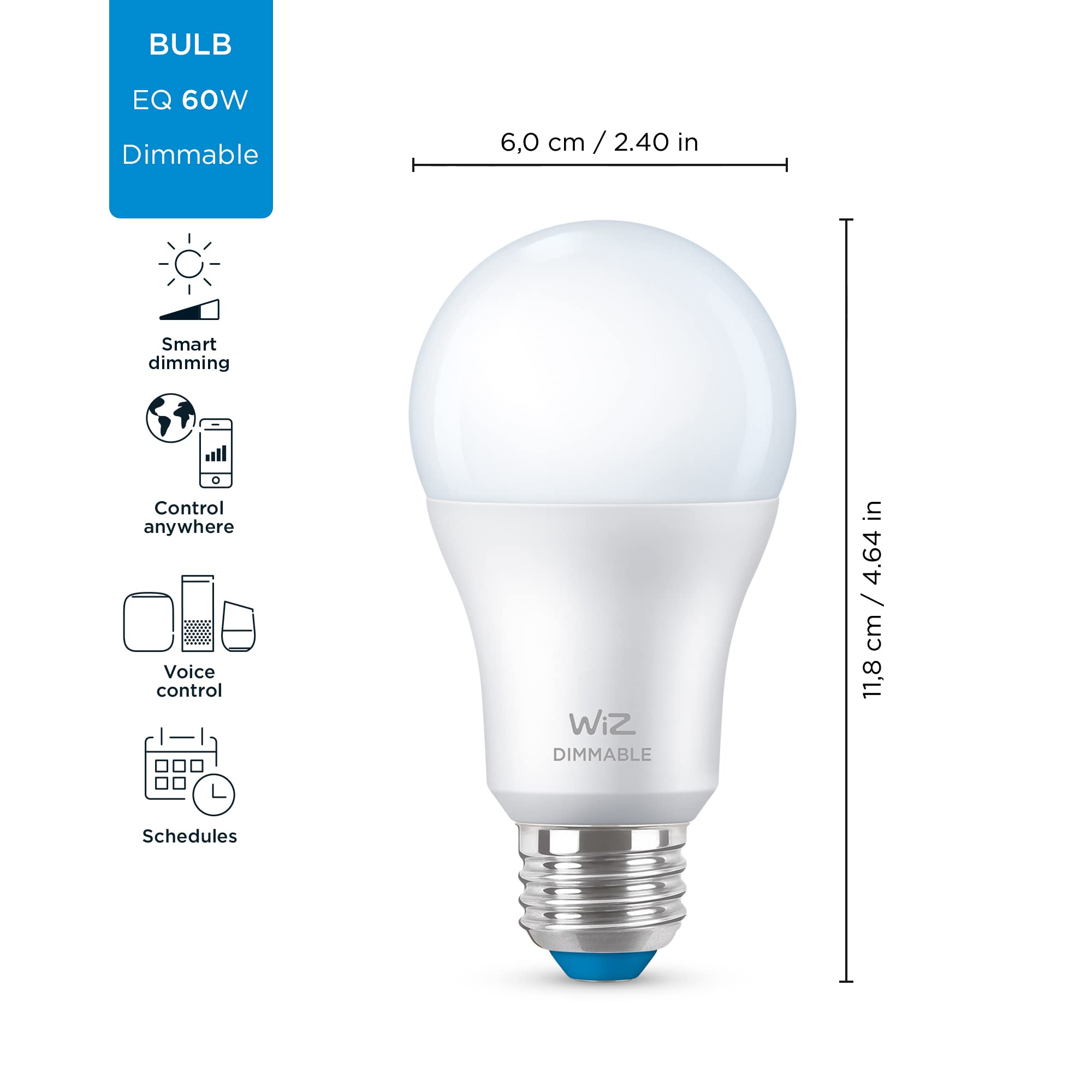 WiZ 60W A19 Dimmable Daylight (5000K) LED Smart Bulb - Pack of 2-800 Lumen - E26 - Indoor - Connects to Your Existing Wi-Fi - Control with Voice or App - Activate with Motion - Matter Compatible