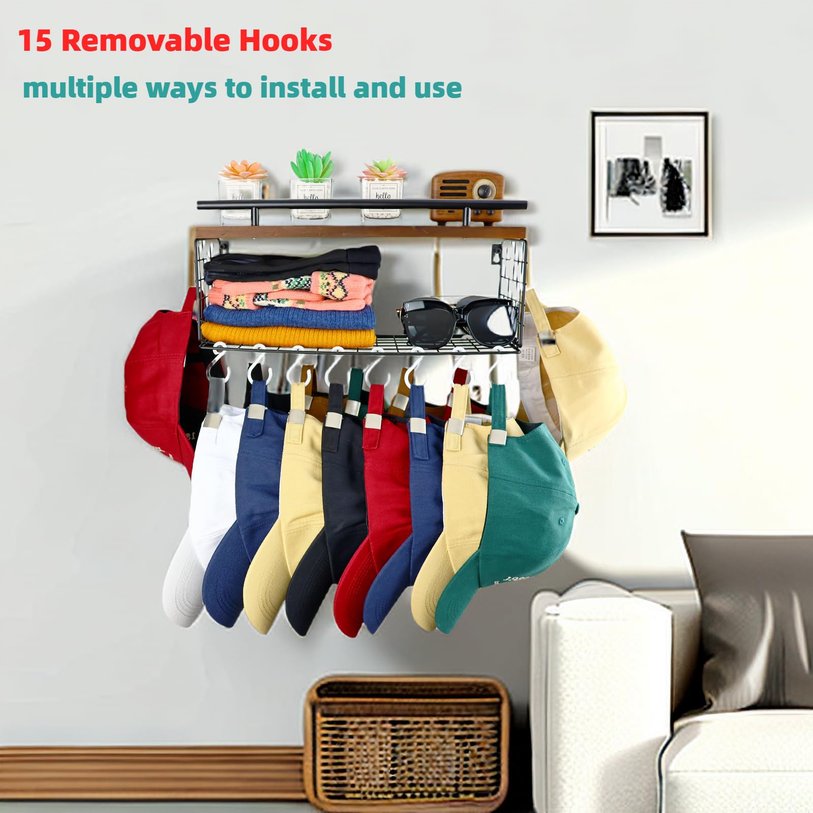 FUMOLY Metal Hat Shelf for Wall, Pine Wood Baseball Cap Holder with 15 Hooks, Dome Dock Hat Rack, Baseball Cap Organizer, Hat Display Wall Mount, Hat Hanger for Accessories