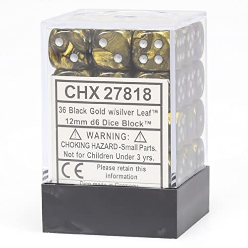 Chessex DND Dice Set- D&D Dice-12mm Leaf Black, Gold, and Silver Plastic Polyhedral Dice Set-Dungeons and Dragons Dice Includes 36 Dice β D6, Various (CHX27818)