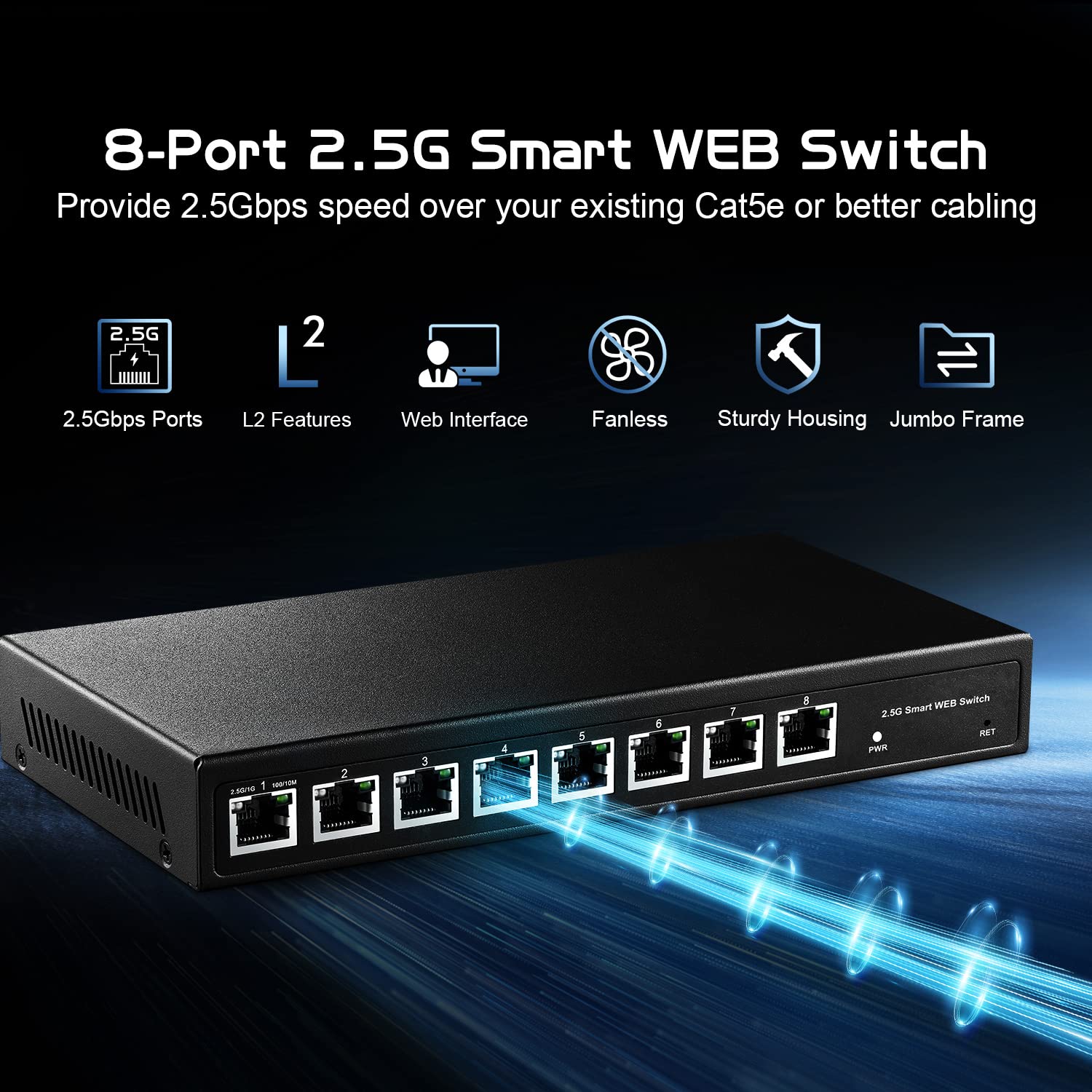 Binardat 8 Port 2.5G Managed Switch, 8 x 2.5 Gigabit RJ-45 Base-T Ports, Web Managed Multi-Gigabit Desktop Ethernet Switch