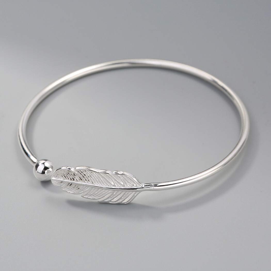 AILUOR 925 Silver Leaf Feather Bangle Bracelet Bohemian style Fashion Charms Bracelets Jewelry Cuff Women Adjustable (Silver)
