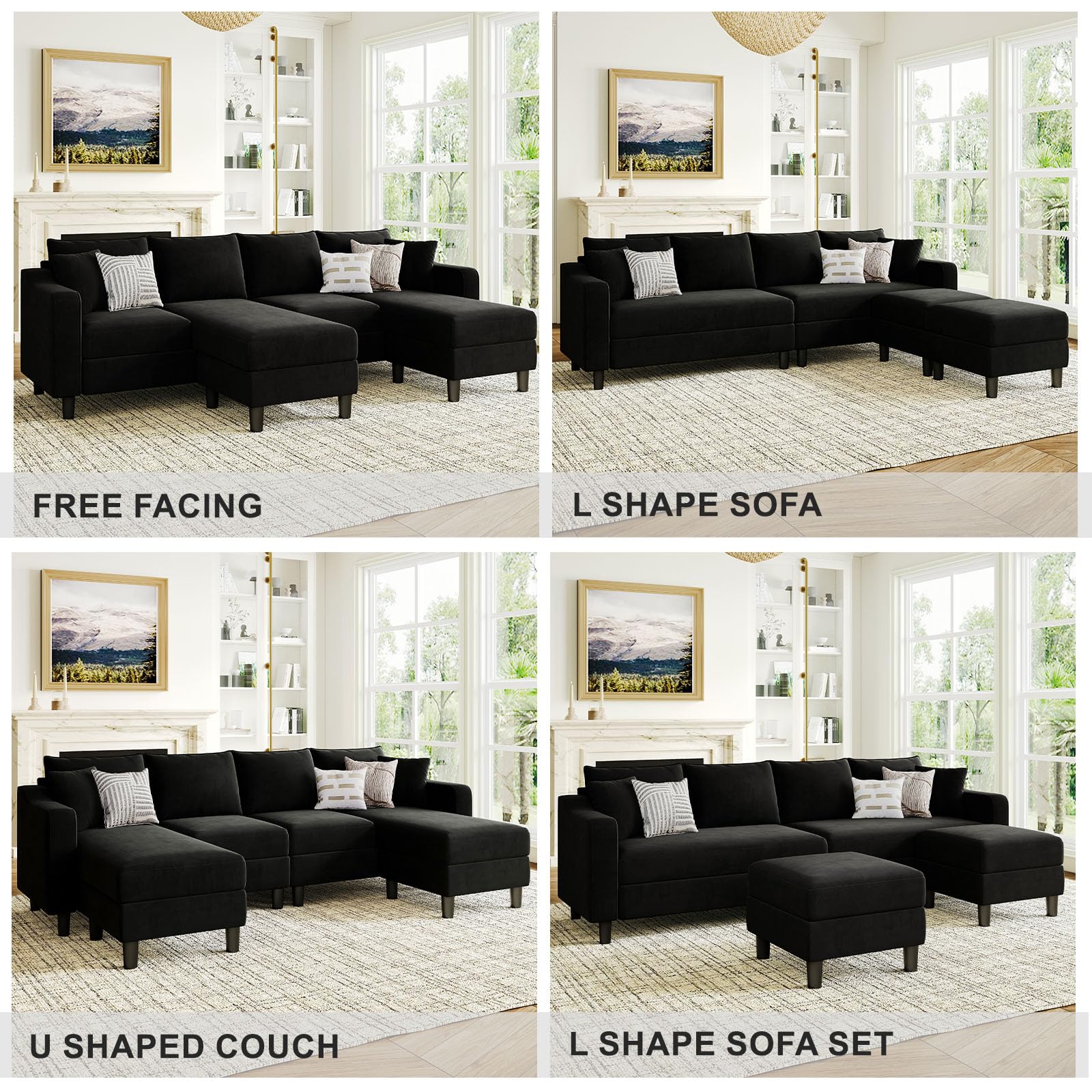 Belffin U Shaped Sectional Sofa Velvet Convertible Sofa with Reversible Chaises Sectional Couches with Ottomans for Living Room (Black)…