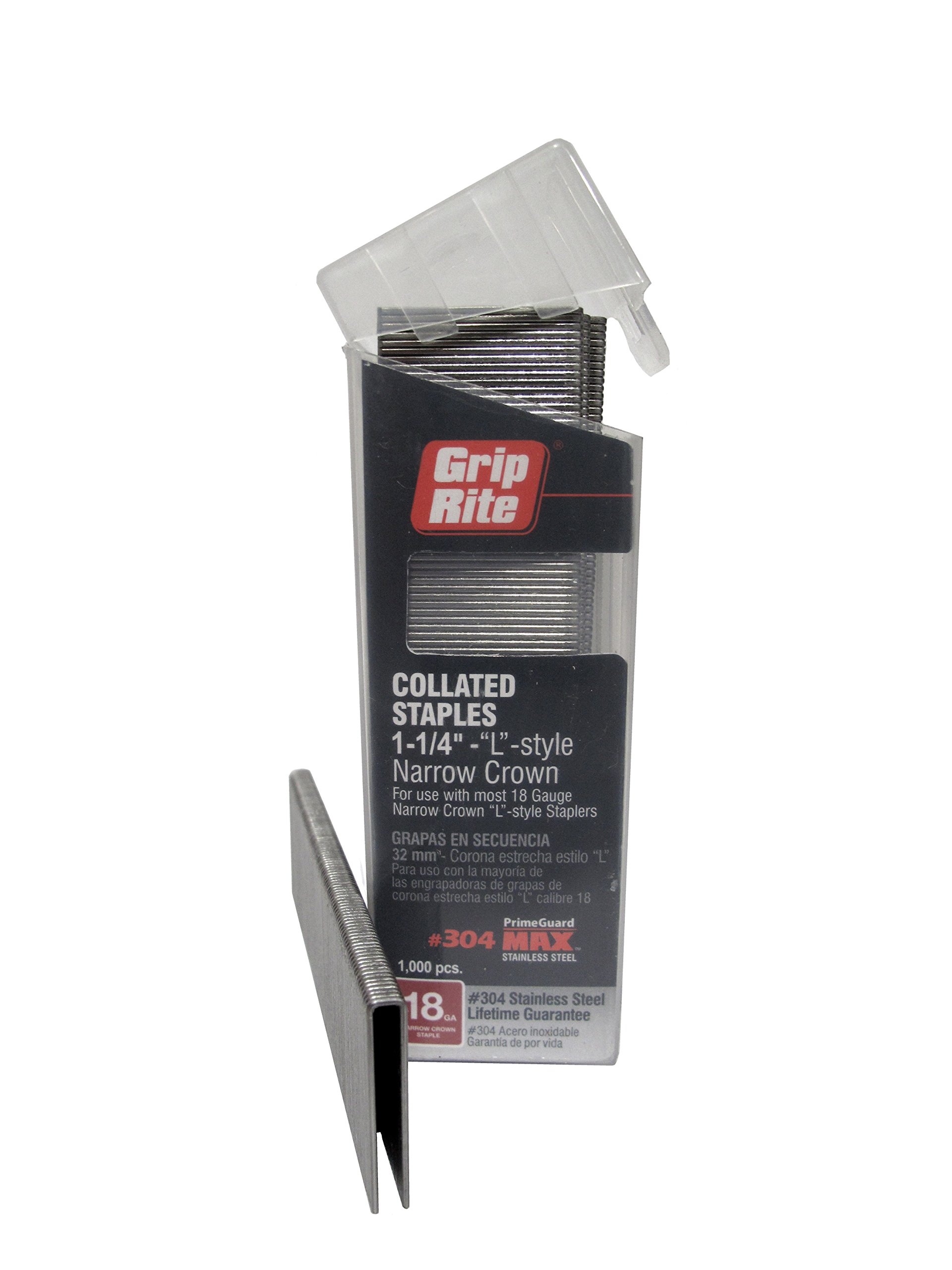 Grip Rite Prime Guard MAXB64888 18-Gauge 1/4" Narrow Crown by 1-1/4" 304-Stainless Steel Staples in Belt Clip Box (Pack of 1000)