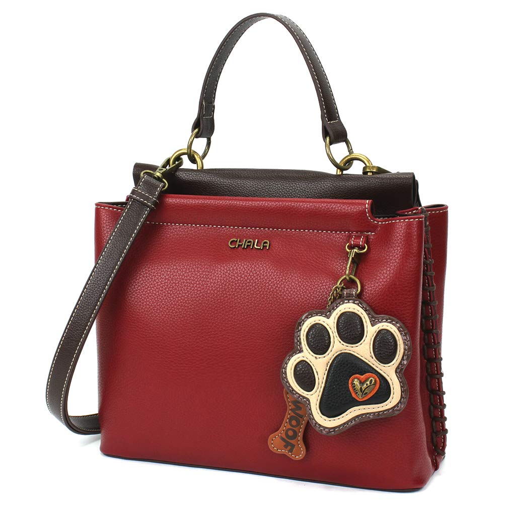 CHALA Charming Satchel with Adjustable Strap - Ivory Paw Print - Burgundy