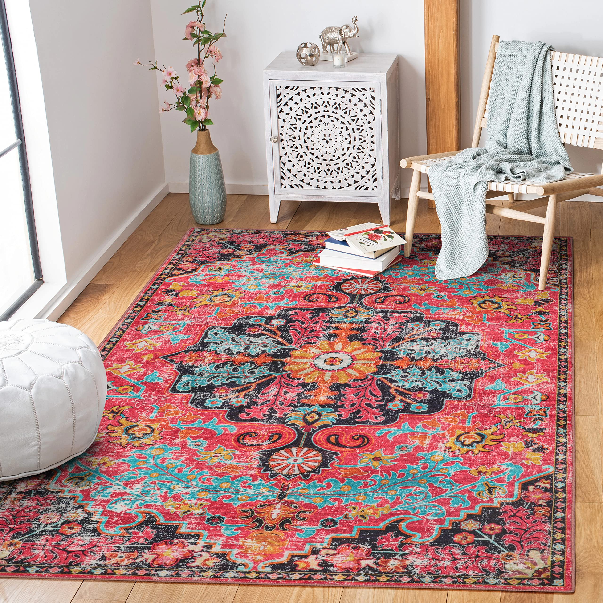 Wonnitar Boho Area Rug, Washable 3x5 Rug for Bedroom Hot Pink Floral Bathroom Throw Rug Non-Slip Vintage Bath Math, Oriental Soft Indoor Carpet for Entry Nursery Girls Room (Hot Pink,3'x5')