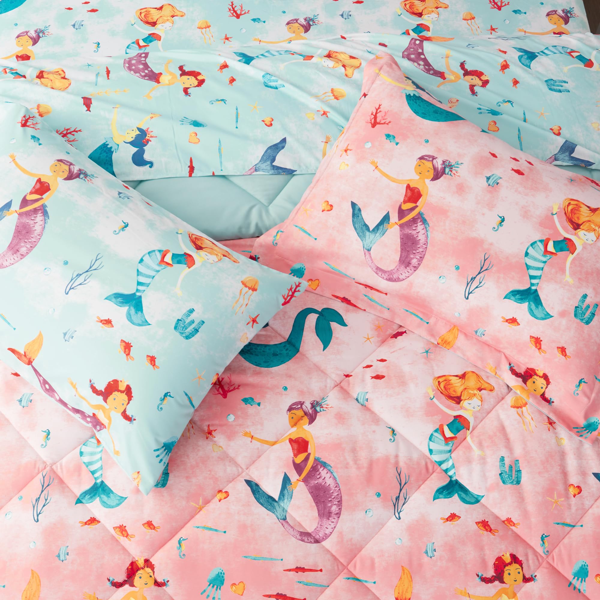 UMCHORD Pink Mermaid Kids Bedding Set for Girls, Twin Size 5 Pieces Bed in a Bag, Super Soft Lightweight Microfiber Comforter Set with Sheets, Hotel Quality Durable Children Bed Set