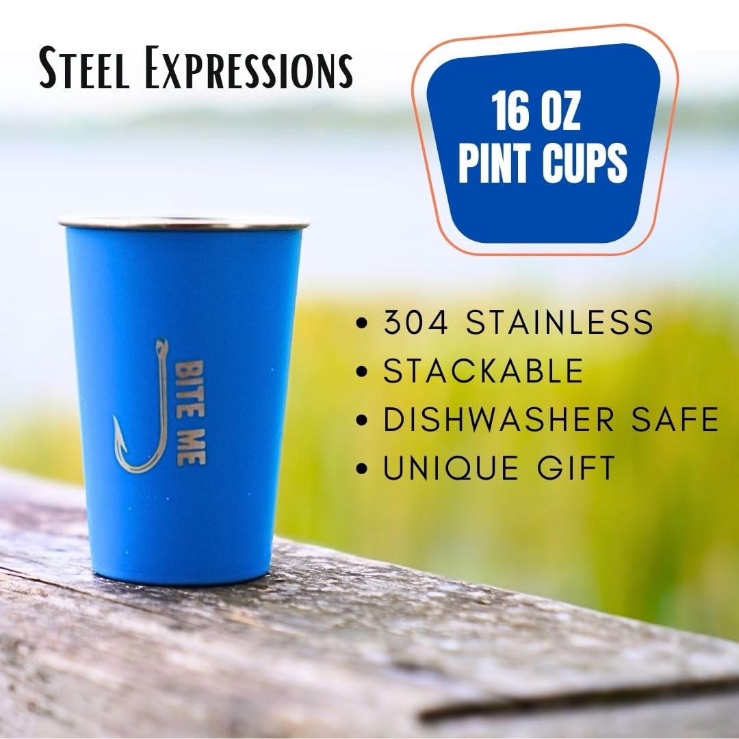 Shark Skinzz Steel Expressions Pint Cup, 16 oz Stainless Steel Cups, Stackable & Durable Drinking Cups for Camping, Reusable & Dishwasher Safe Tumblers, Set of 4 Black Cups