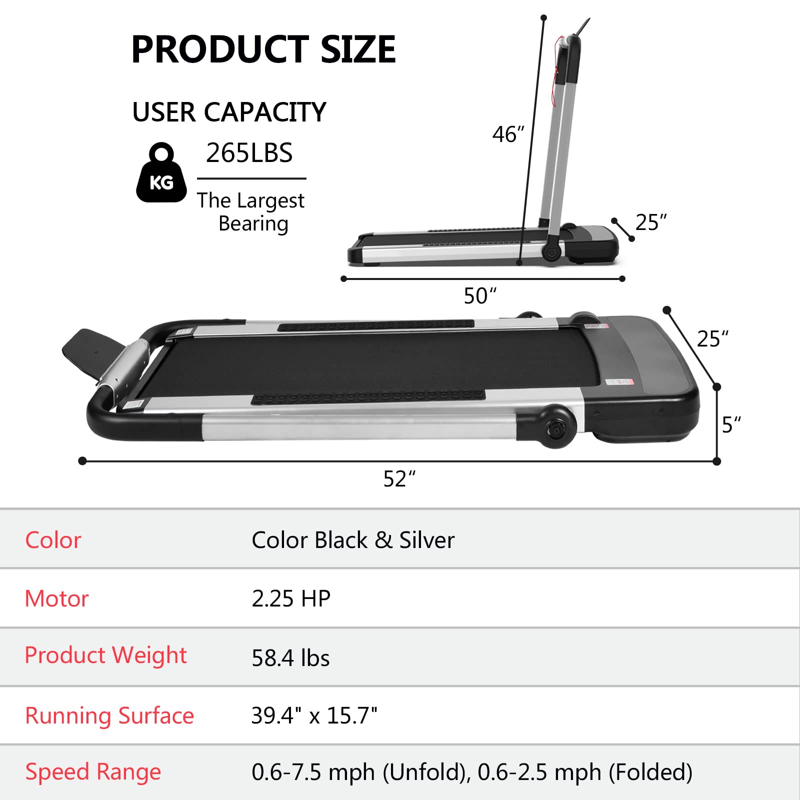 Anpuce 2 in-1 Folding Treadmill, 2.25 HP Under Desk Treadmill, Compact Installation-Free with Remote/APP Control and LED Display, Device Holder Walking Jogging Running for Family & Office Use, Sliver