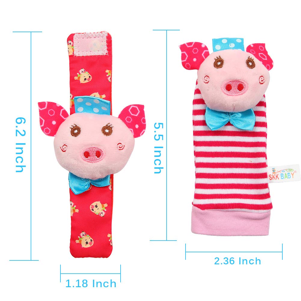 FunsLane 8 Packs Kids Rattle, Kids Wrist Rattles and Foot Finder Socks Set, Educational Development Soft Animal Toy Shower Gift with Monkey, Elephant, Puppy and Piggy