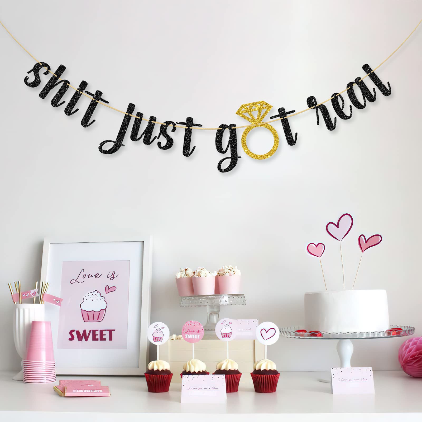 Dalaber Shit Just Got Real Banner, Funny Wedding/Engagement/Bridal Shower/Bachelorette Party Decoration, Just Married Sign Bunting Banner