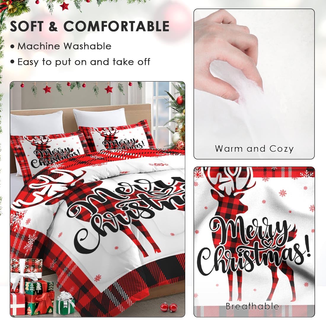WeCozy King Size Comforter Set with 2 Pillowcases, Merry Christmas Happy Santa Claus Soft 3 Pcs Bedding Set for Kids and Adults Bedroom Bed Decor