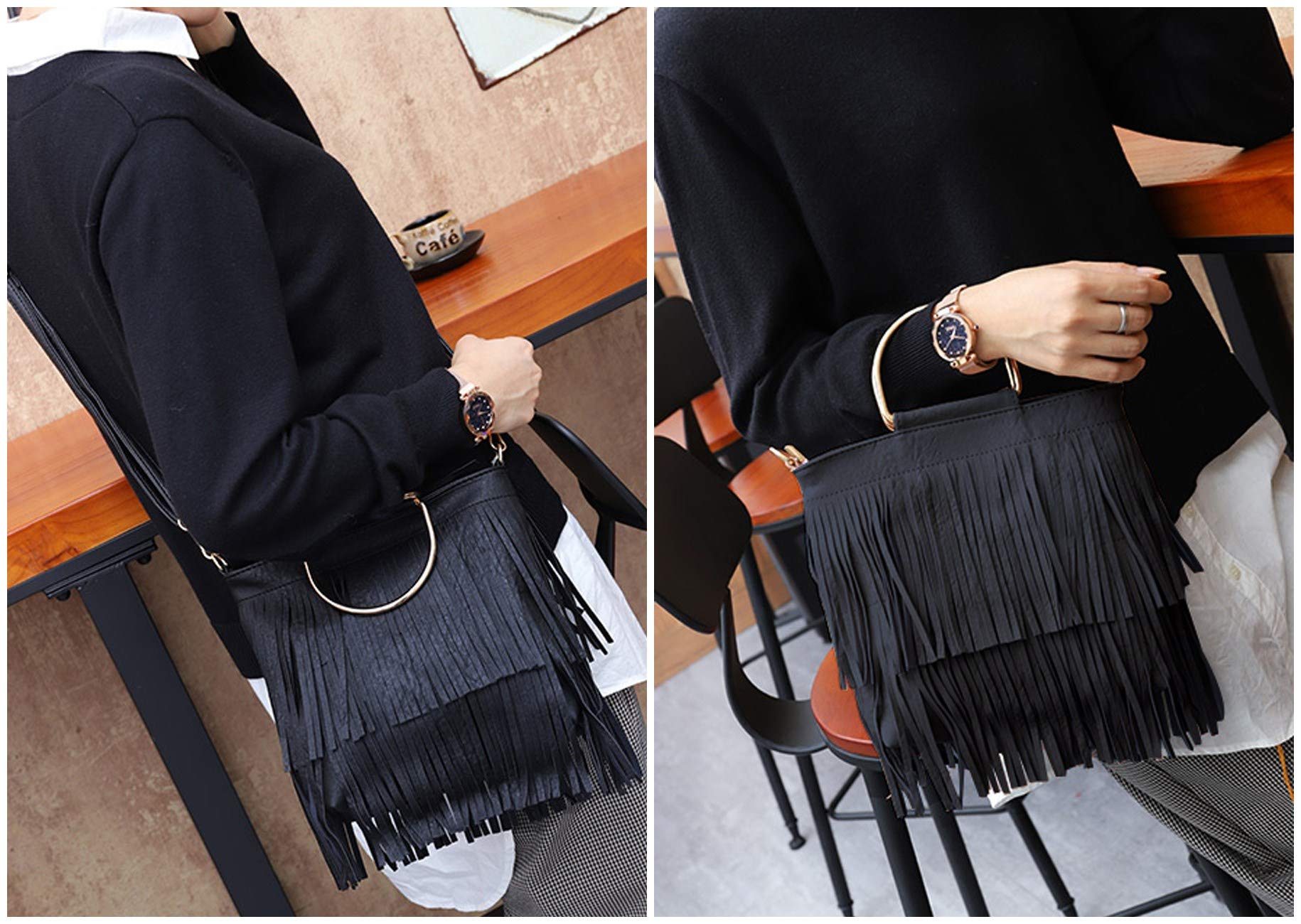CHIC DIARY Women's Crossbody Bag Leather Tassel Shoulder Handbag Clutch Purse (Black)