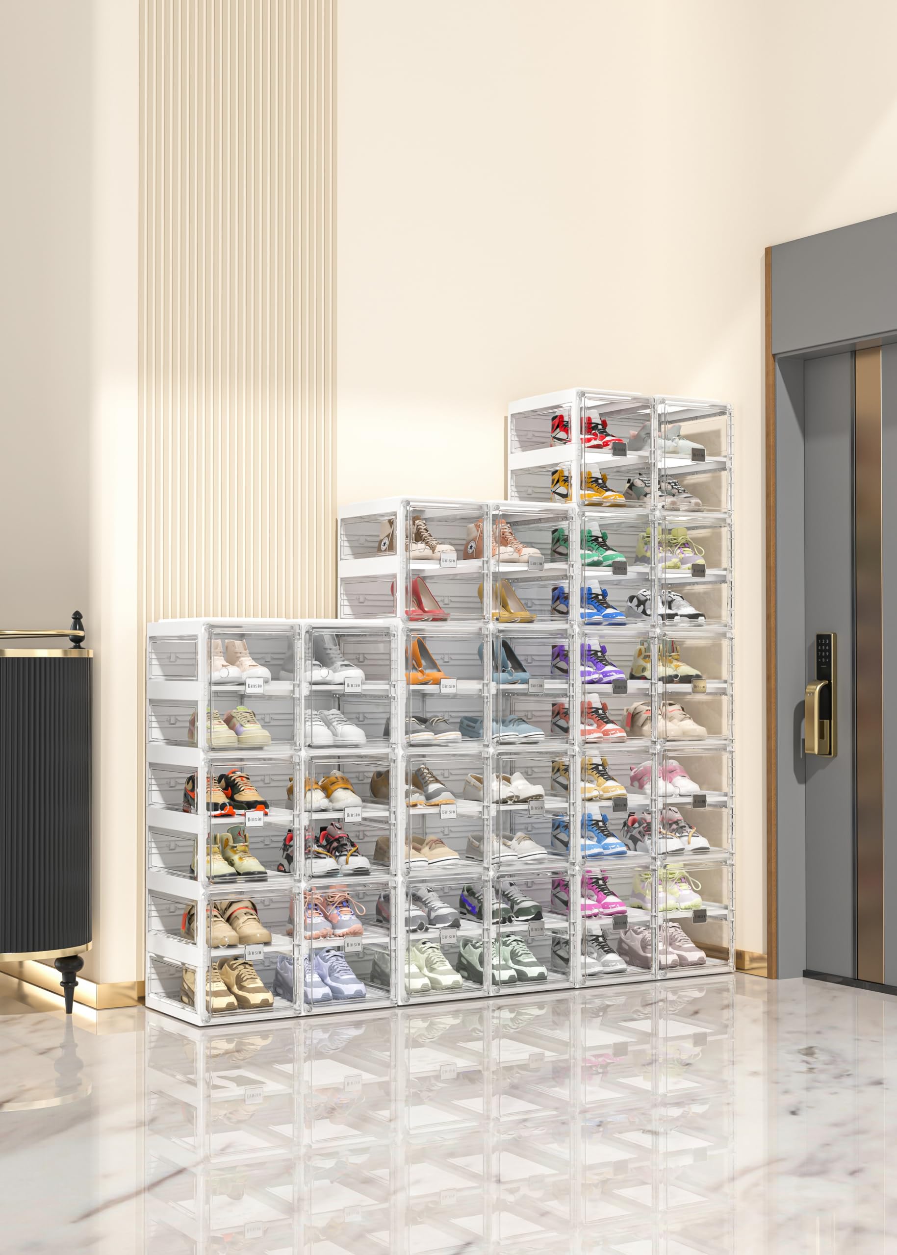 BINSIO Shoe Organizer, Portable Shoes Rack for Closet, Shoe Storage Boxes, Foldable Shoe Cabinet for Entryway, Easy Assemble Plastic Stackable Sneaker Bins with Magnetic Clear Doors, 8 Tiers 16 Pairs