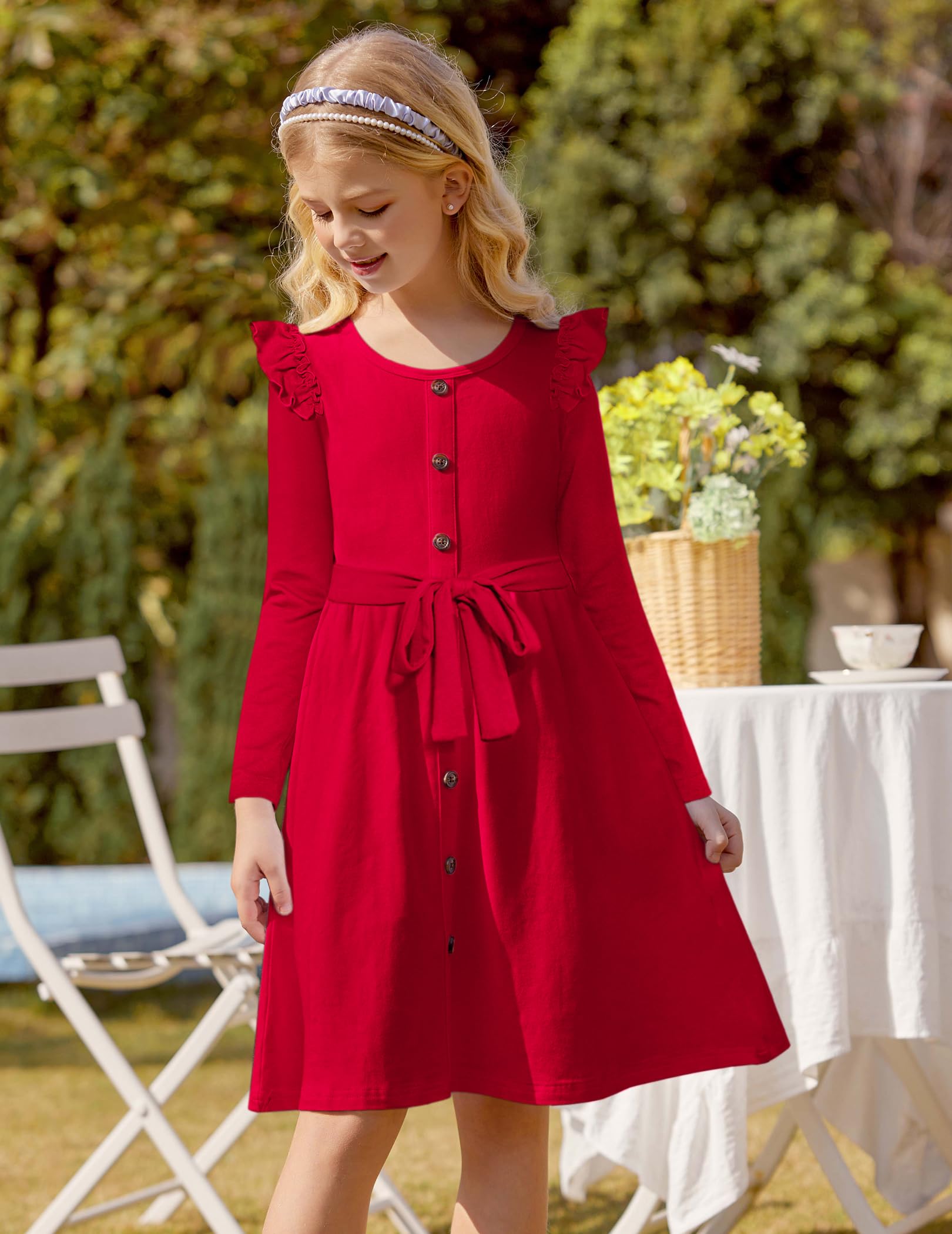 Arshiner Girls Solid Dress Ruffle Long Sleeve Pleated Casual Swing Dresses with Pockets for Kids (Red, 7-8 Years)