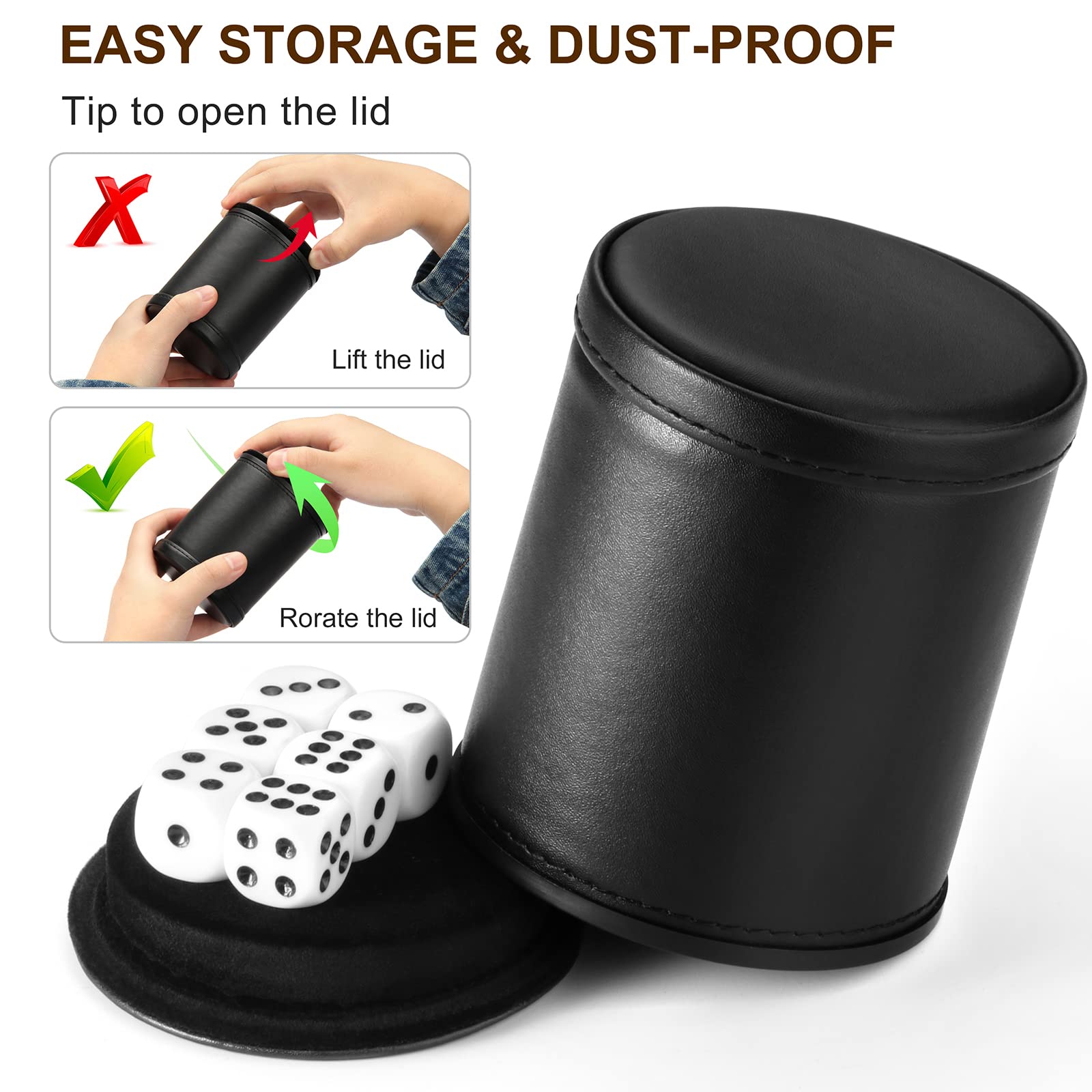 Dice Cup with Lid, PU Leather and Felt-Lined, Quiet Shaker for Yahtzee Farkle Dice Board Games, Set of Six 16mm Dice Included