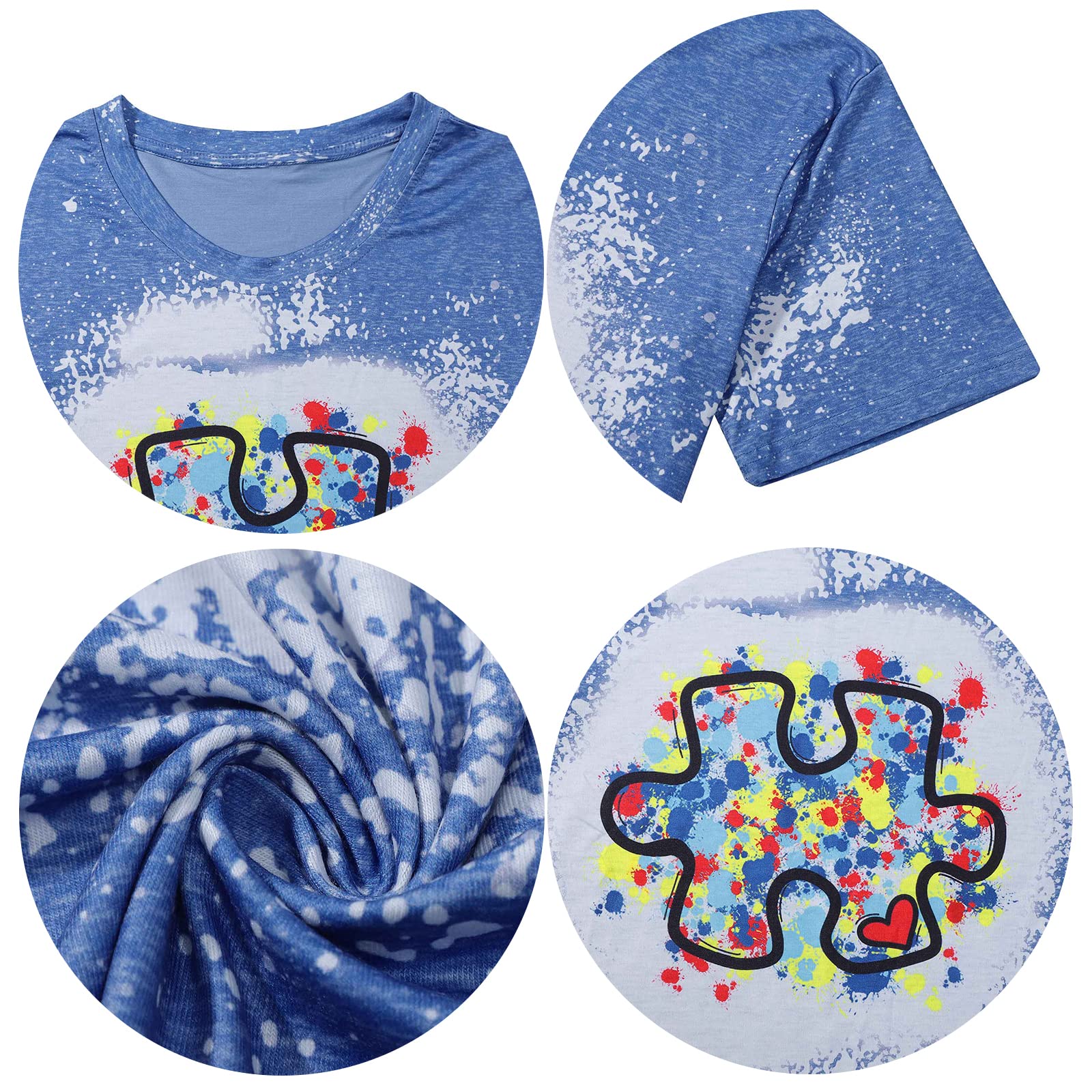 Autism Awareness T Shirt Women Autistic Support Graphic Tee Shirt Casual Puzzle Piece Bleached Tee Tops Bleached-Blue