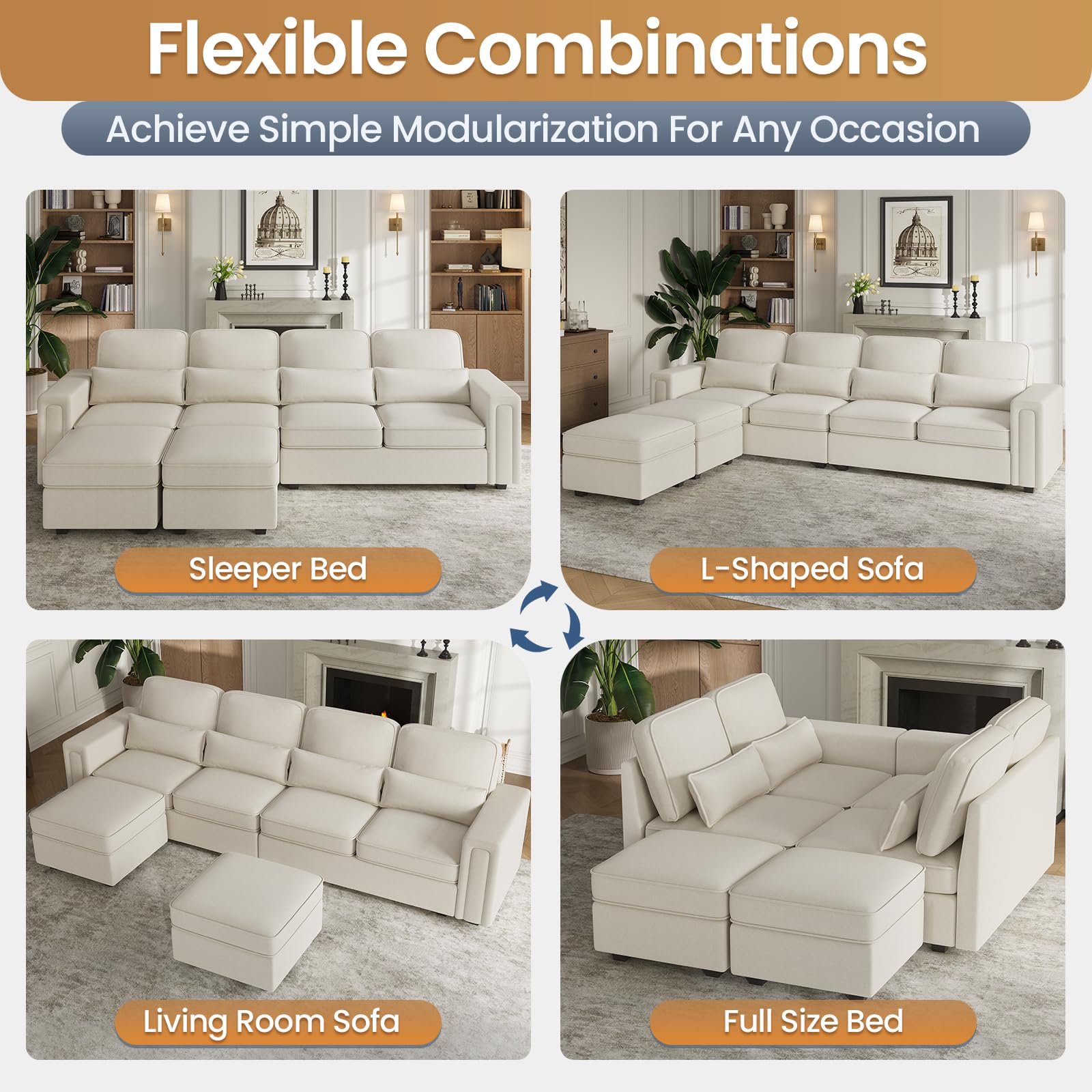 Brinlawb Sectional Sofa with Storage 110'' Convertible U Shaped Modular Sofa Couch with Reversible Chaise and Waist Pillow 6 Seater Chenille Sectional Couches with Ottomans for Living Room,Beige