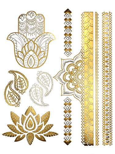 Terra Tattoos Gold Metallic Temporary Tats Geometric Henna Designs Waterproof Nontoxic Long Lasting Perfect for Beach, Festivals, & more! (Maya)