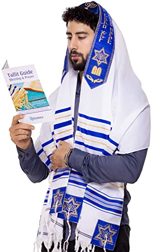 ateret yudaica 24" H x 72" W (M) Tallit Prayer Shawl (Multi Sizes & Color) White Blue & Gold, Made in Israel, Soft Acrylic Tallit with Bracha