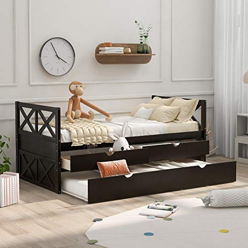 Brisca Twin Size Multi-Functional Daybed with Two Drawers and Trundle,Solid Pine Wood Bed W/X Frame On Side,for Guest Room,Bedroom,Espresso