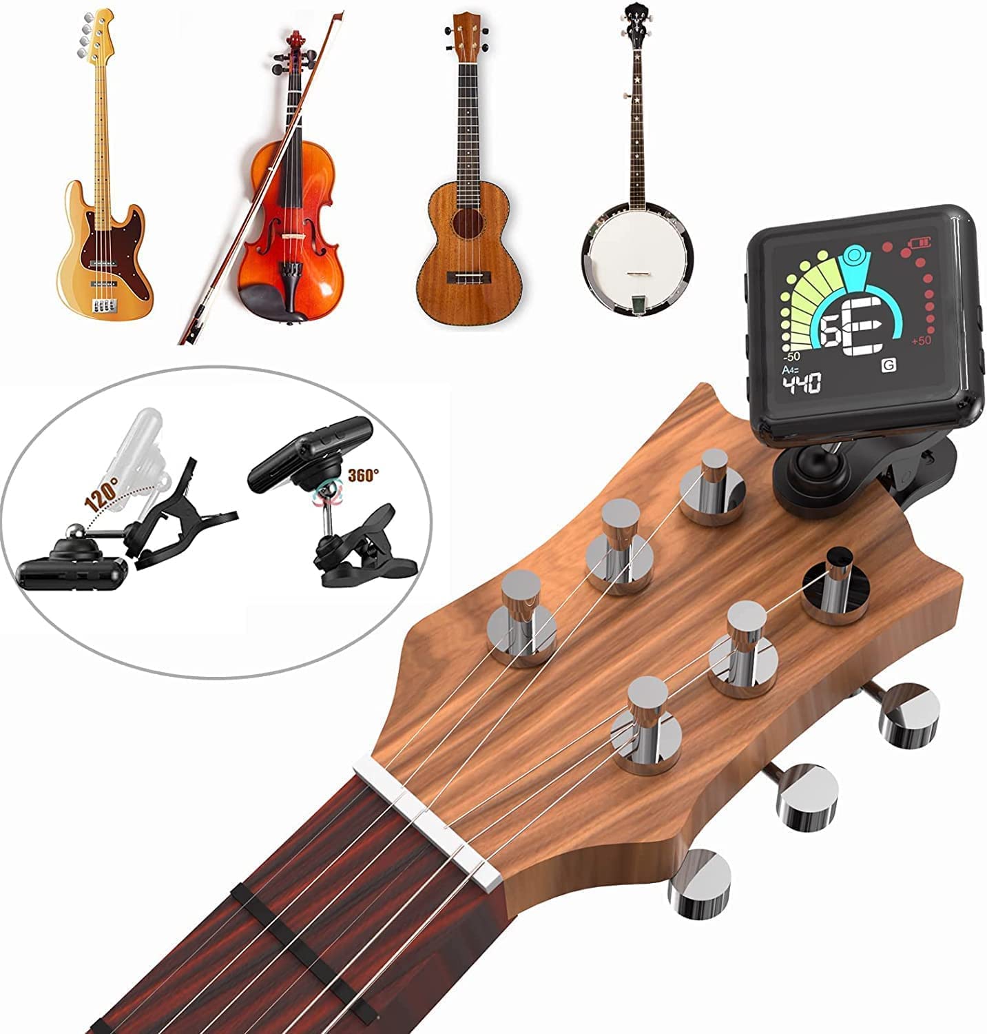 Guitar Tuner Clip on Rechargeable with Metronome Tone Generator for Guitar Bass Ukulele Violin Banjo Chromatic Wind Instrument, Metronome Tuner for All Instruments