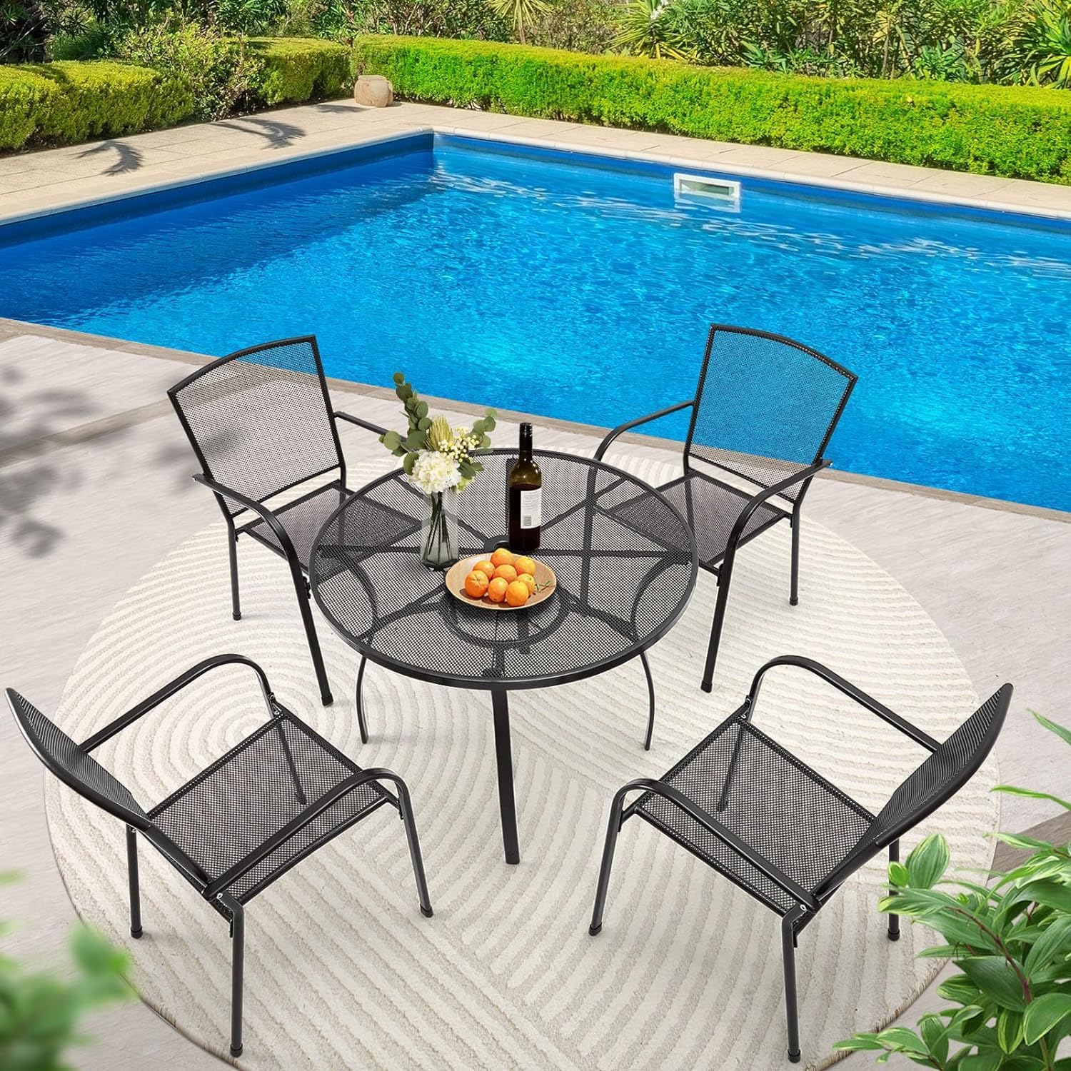 AECOJOY Metal Patio Table with Umbrella Hole, Outdoor Dining Table Steel Round Outside Table, Weather-Resistant Table 37 Inch for Lawn Backyard Garden Porch Bistro Dark Grey