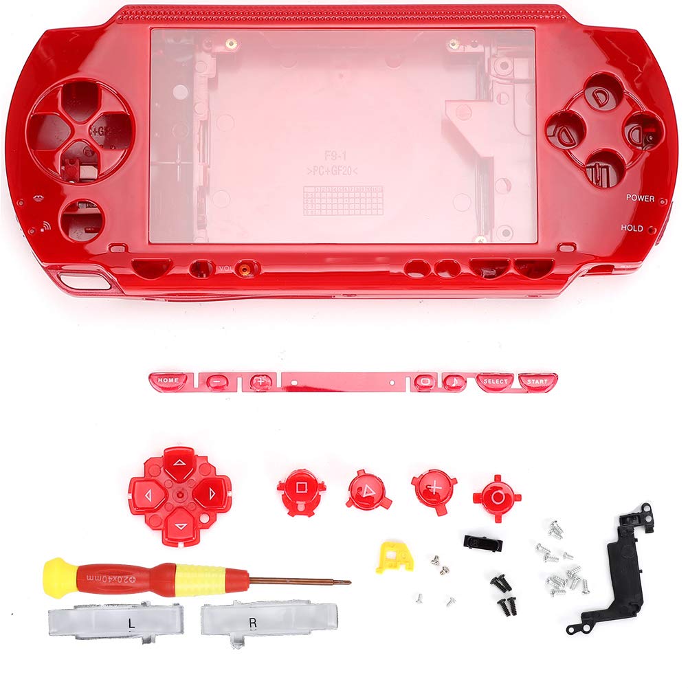 Game Console Shell, Replacement Controller Skin Game Controller Protective Case with Screwdriver, Button Kit for PSP1000 Console.(Red)