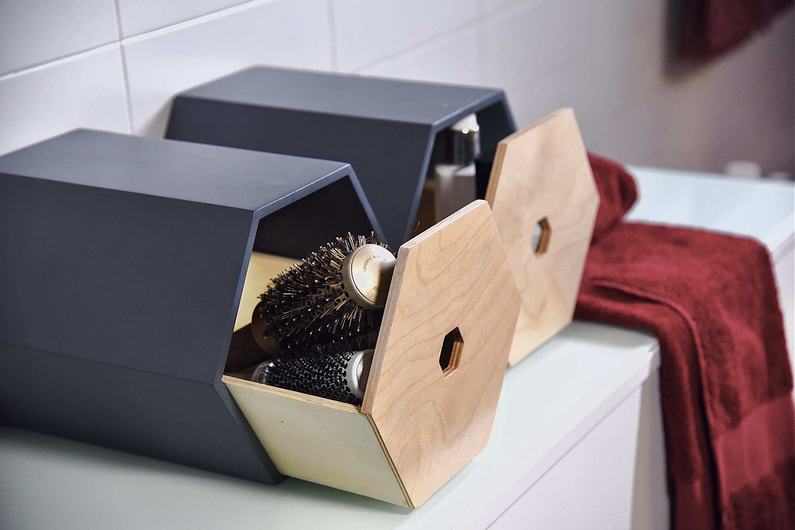Lineum Furniture HEXA Stackable Storage Drawers | Natural Birch Modern and Attractive Multipurpose Containers for Home and Bath Decor | Includes 2 Individual Stackable Units