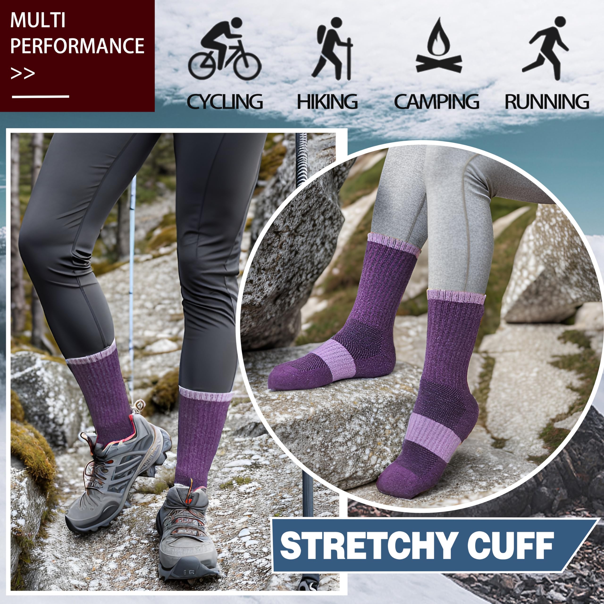 Anlisim Merino Wool Socks for Women Hiking Thermal Warm Winter Boot Work Crew Cushion Ladies Socks 5 Pairs Gift(Black Stripe,(5 Pairs),M)