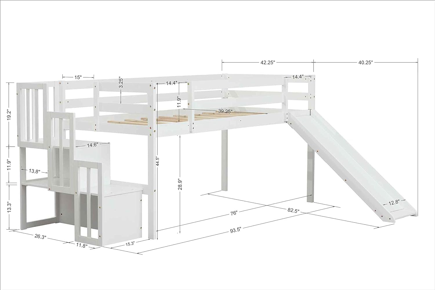 Bellemave Low Loft Bed for Kids,Twin Size Loft Bed with Slide and Storage Staircase,Wood Loft Bed Frame for Boys Girls Teens(White)