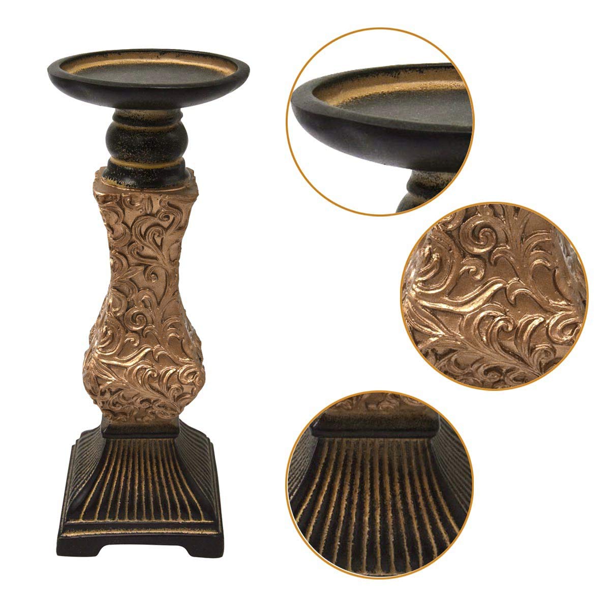 G-mart Set of 3 Gold Resin Pillar Candle Holders -12" H,10" H,8" H,Ideal for LED and Pillar Candles