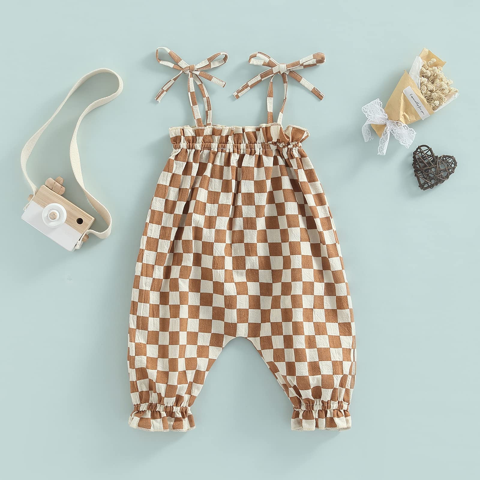 AEEMCEM Newborn Baby Girls Checkerboard Plaid Jumpsuit One Piece Sleeveless Strap Romper Jumpsuit Harem Pant Summer Outfits (Brown, 0-6 Months)