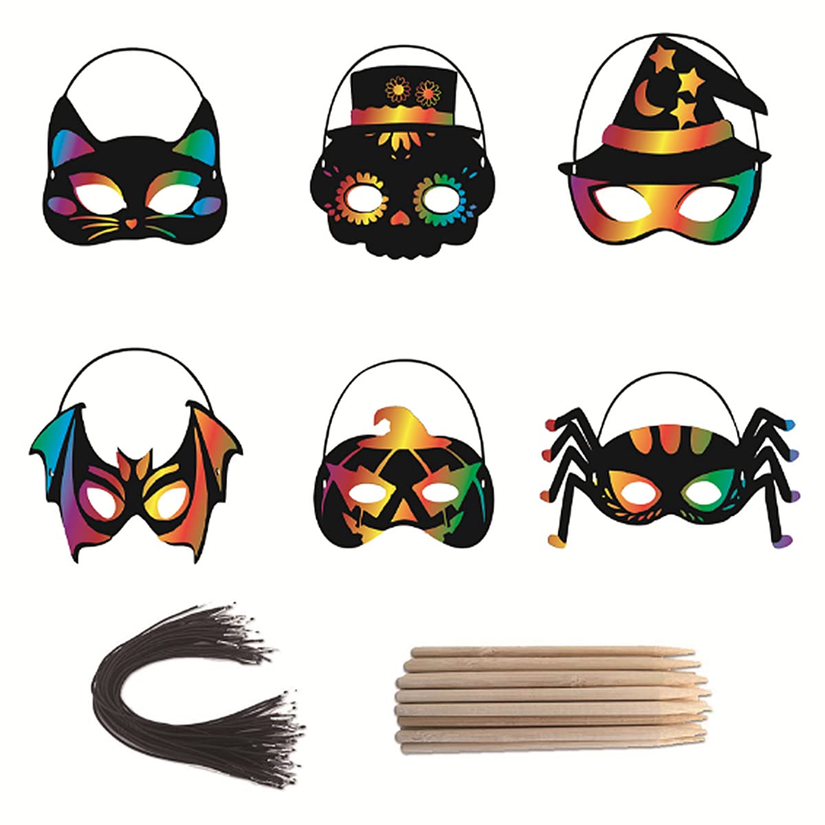 Fantasyon 36Pcs Halloween Scratch Paper Masks, Rainbow Scratch Paper Halloween Mask Craft Kit Skeleton Cat Witch Pumpkin Bat Mask Decorations for Animal Birthday Party Halloween Dress-Up DIY Gift