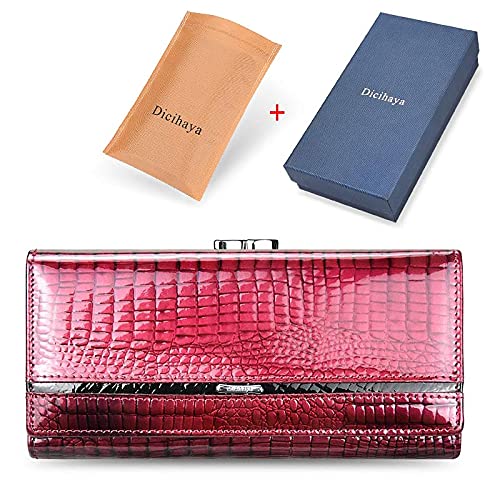 Dicihaya Womens Large Capacity Zipper Luxury Patent Genuine Leather Clutch Wallet Multi Card Organizer Coin Pouch (Burgundy)
