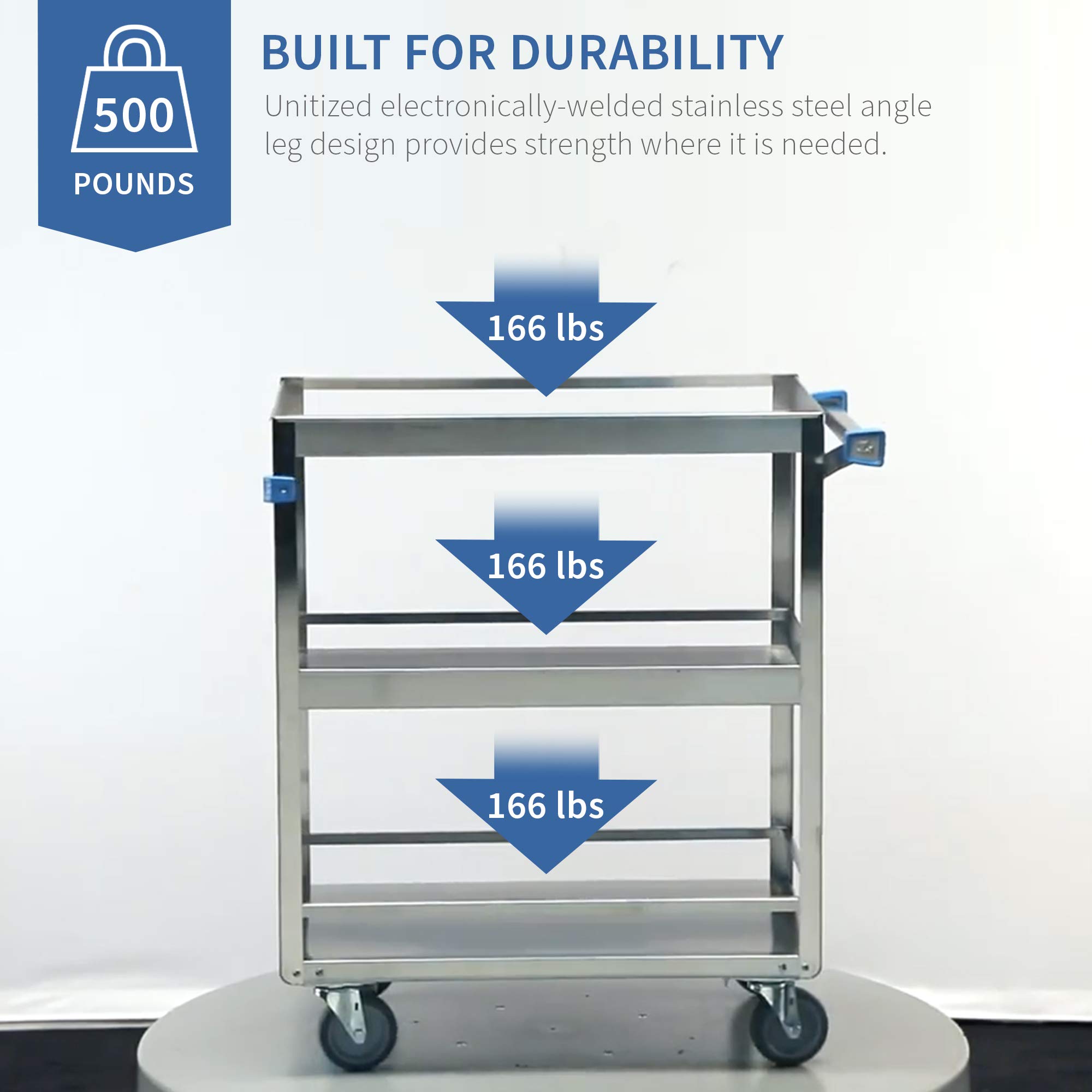 Lakeside Manufacturing 526 Guard Rail Utility Cart, Stainless Steel, 3 Shelves, 500 lb. Capacity (Fully Assembled)