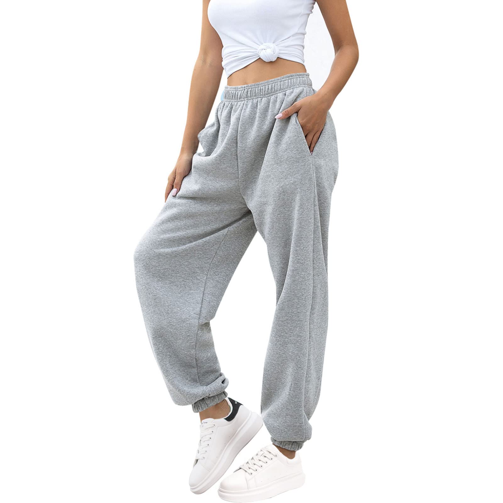 ASHER FASHION Women's Active Thick Jogger Sweatpants Baggy Lounge Yoga Pants with Pockets Sporty Gray Thick L