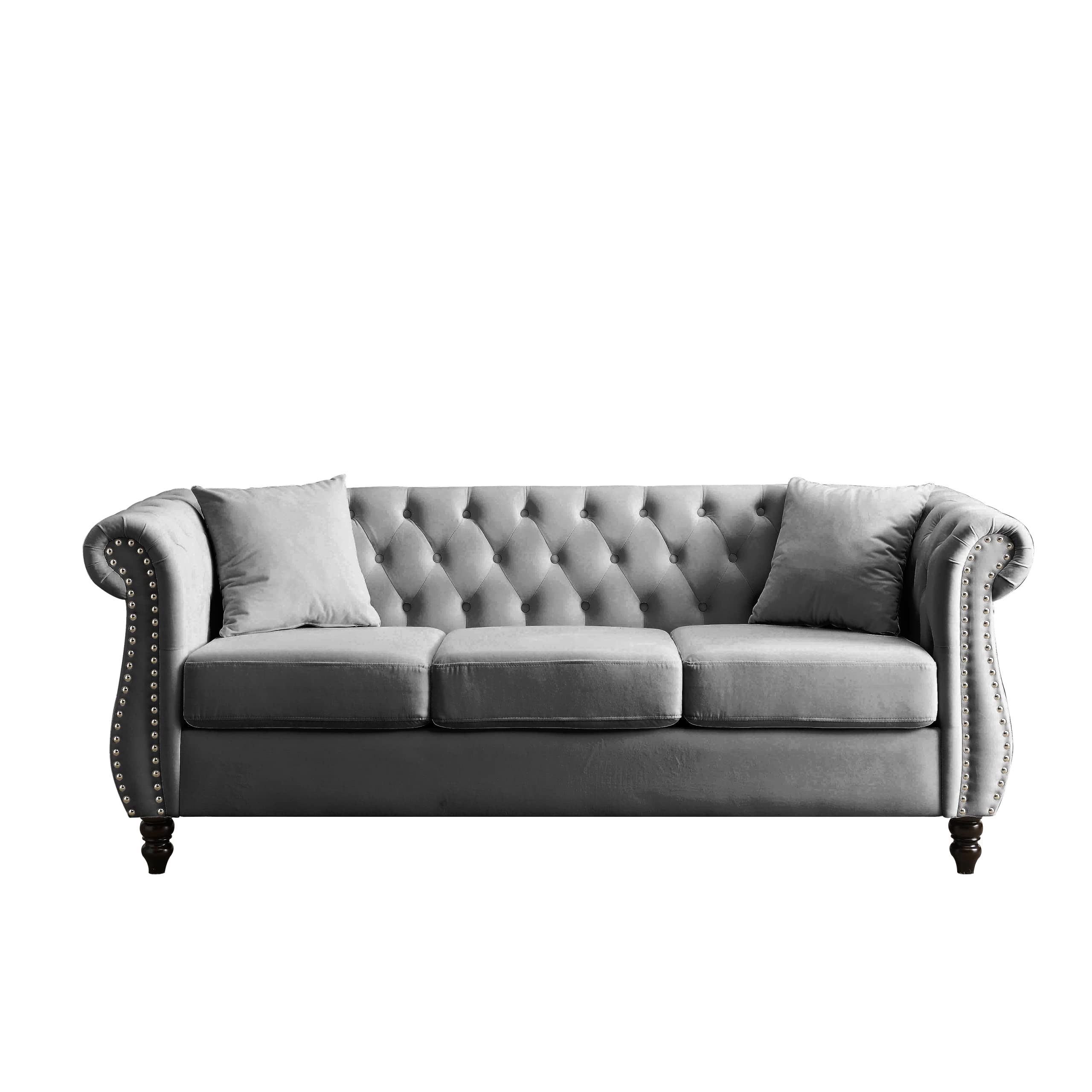 Bellemave 80" Chesterfield Sofa Couch Velvet 3-Seater Sofa with Two Pillows, Nailhead & Rolled Arms Upholstered Sofa with Curved Backrest Solid Wood Legs for Living Room, Bedroom, Office (Grey)