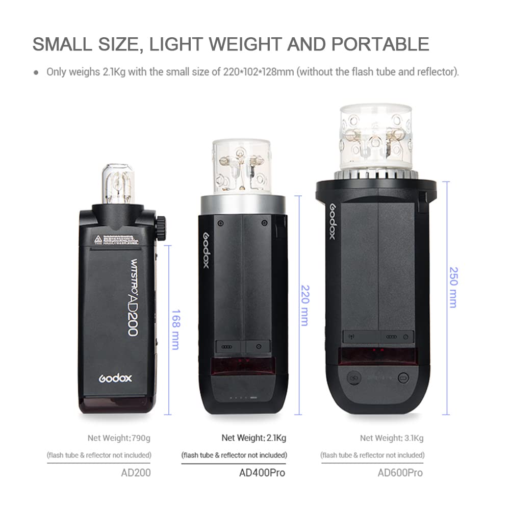 Godox AD400 Pro All-in-One Outdoor Flash, 400W 2.4G Wireless X System TTL Strobe Light, 1/8000 HSS Flash Monolight,390 Full Power Pops, 0.01-1s Recycle Time, 30w LED Modeling Lamp