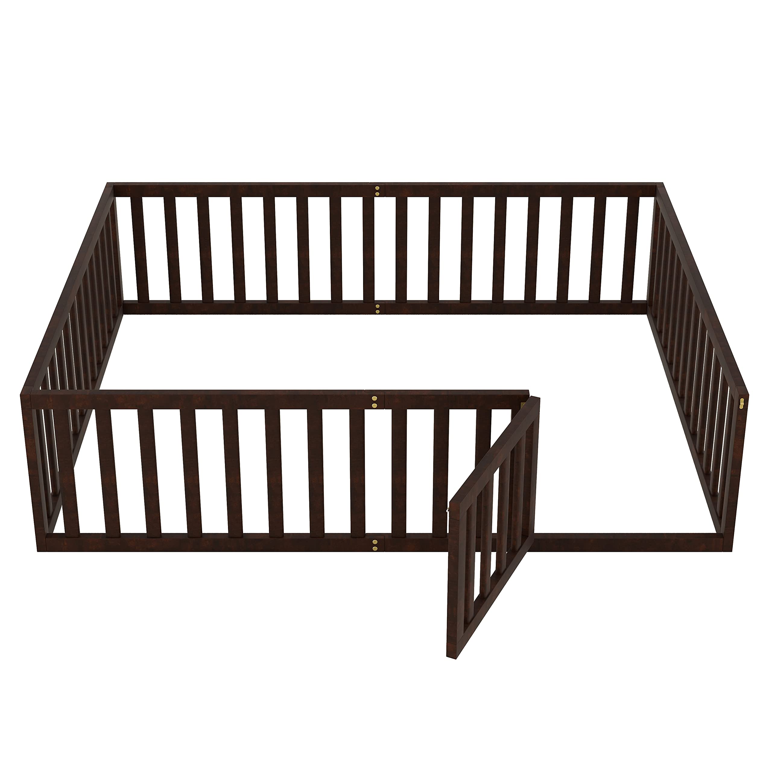 Harper & Bright Designs Queen Size Floor Bed with Rails, Montessori Bed Queen Size Wood Floor Bed Frame with Fence and Door, for Kids Girls Boys (Walnut)