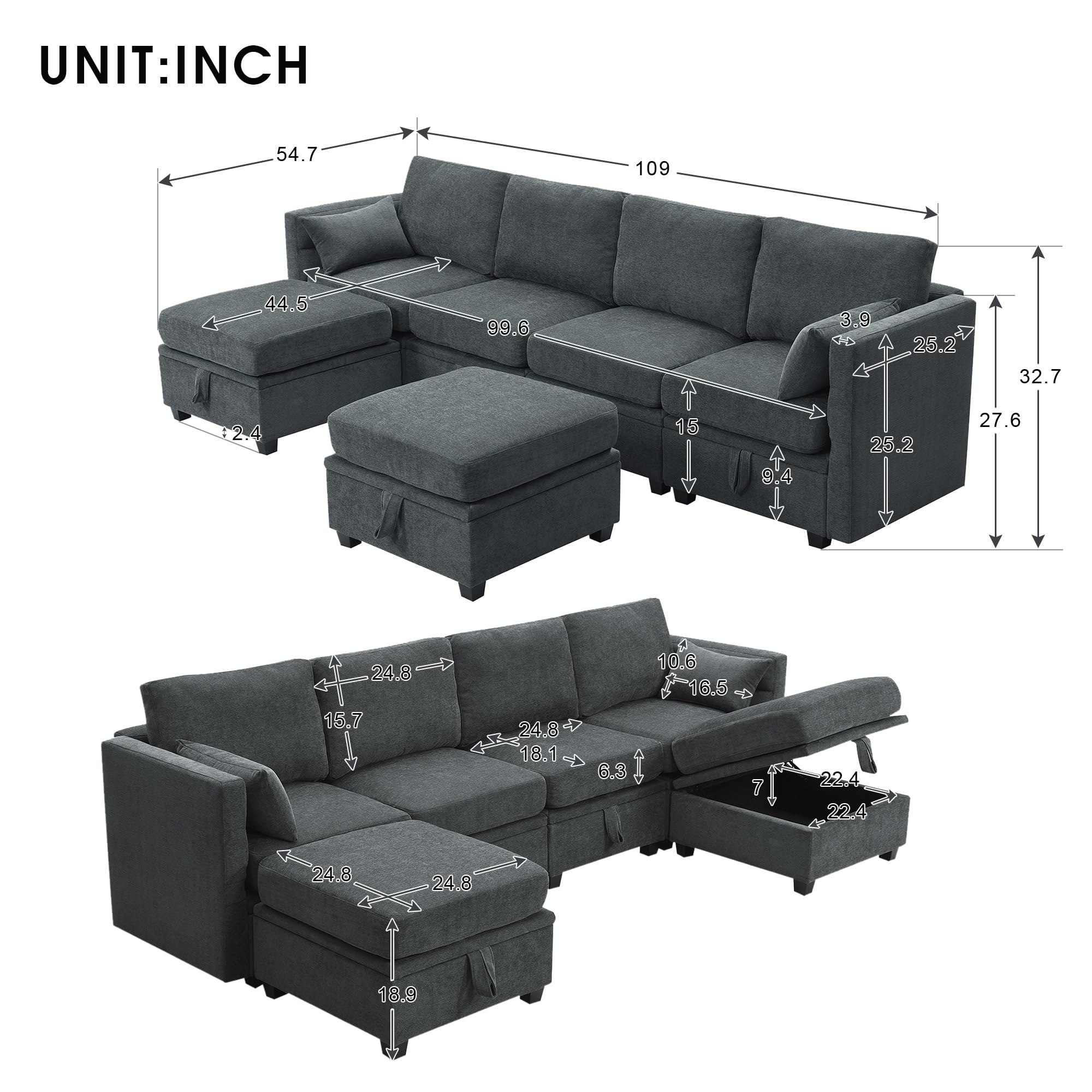 Bellemave U Shape Sectional Sofa Oversize Modular Sofa Couch with Adjustable Armrests and Backrests, Upholstery Convertible Sofa 6 Seat Reversible Sofa with Storage Seats for Living Room (Grey)