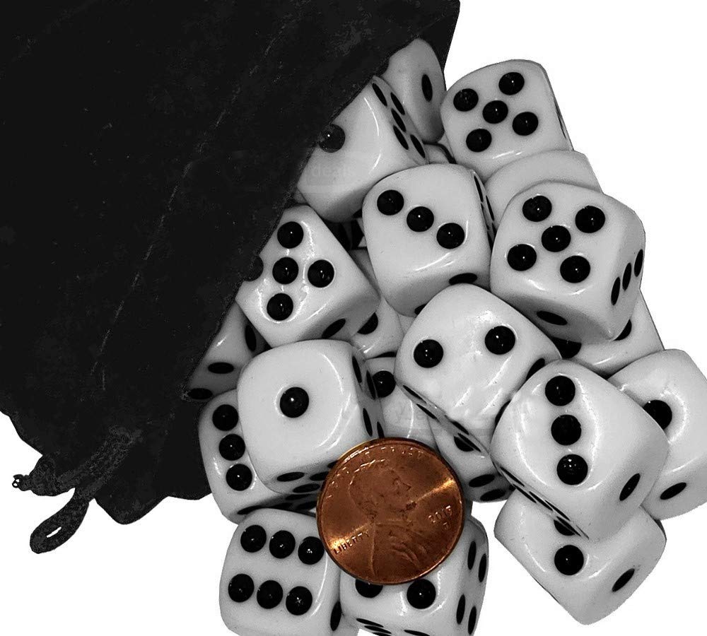 Cyber-Deals Set of 16mm Rounded Corners 6-Sided Opaque Pip Dice with Black Velvet Pouch ((30) White Pip Dice)